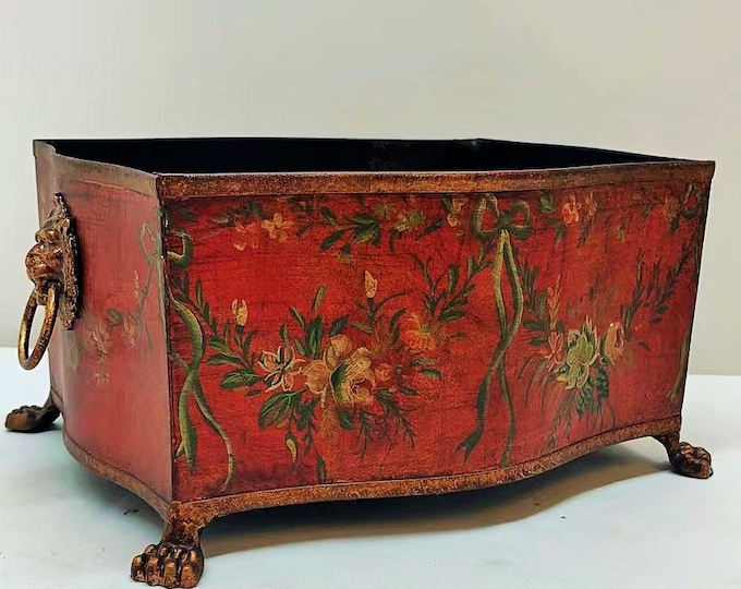 10"w Hand-painted Tole Bin & Orchid Planter, Red Pattern - Etsy