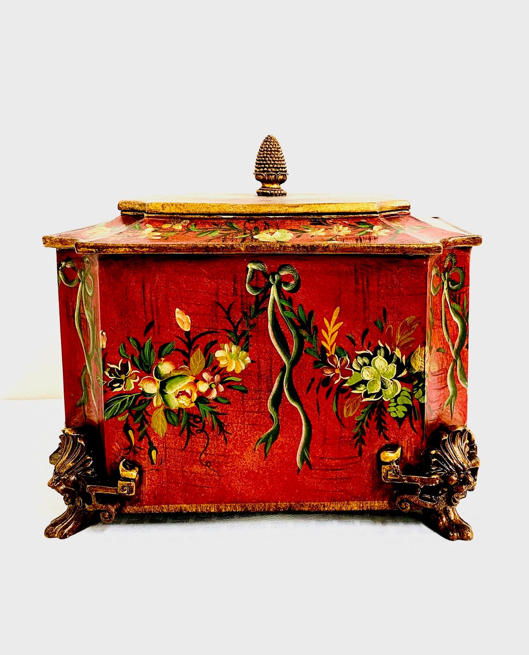 12''L Large Hand-painted Rose Red Tole Jewelry Box/case - Etsy