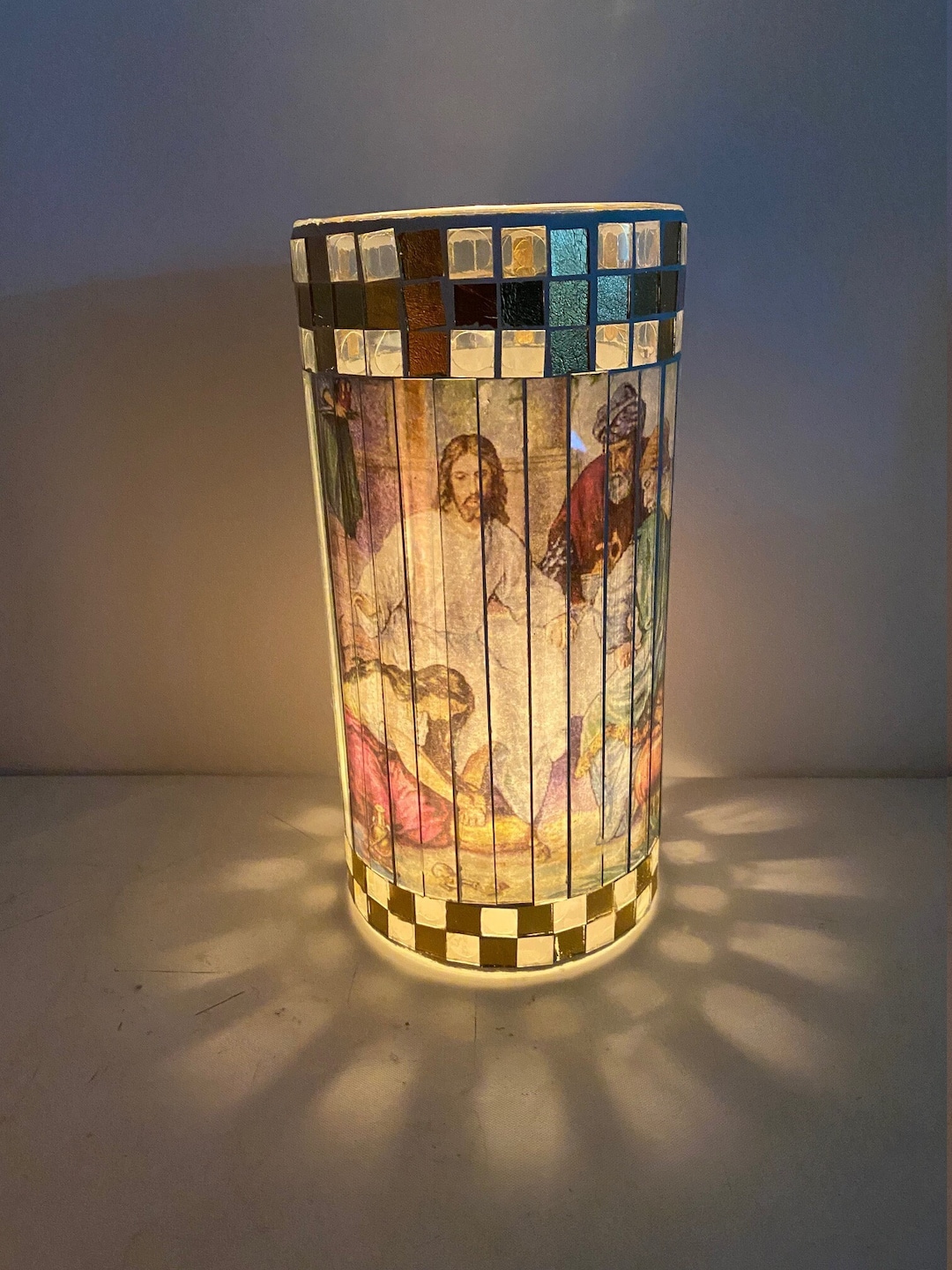 Handcrafted Glass Mosaic Decor Candle Holder Biblical 8" Tall Anointing ...