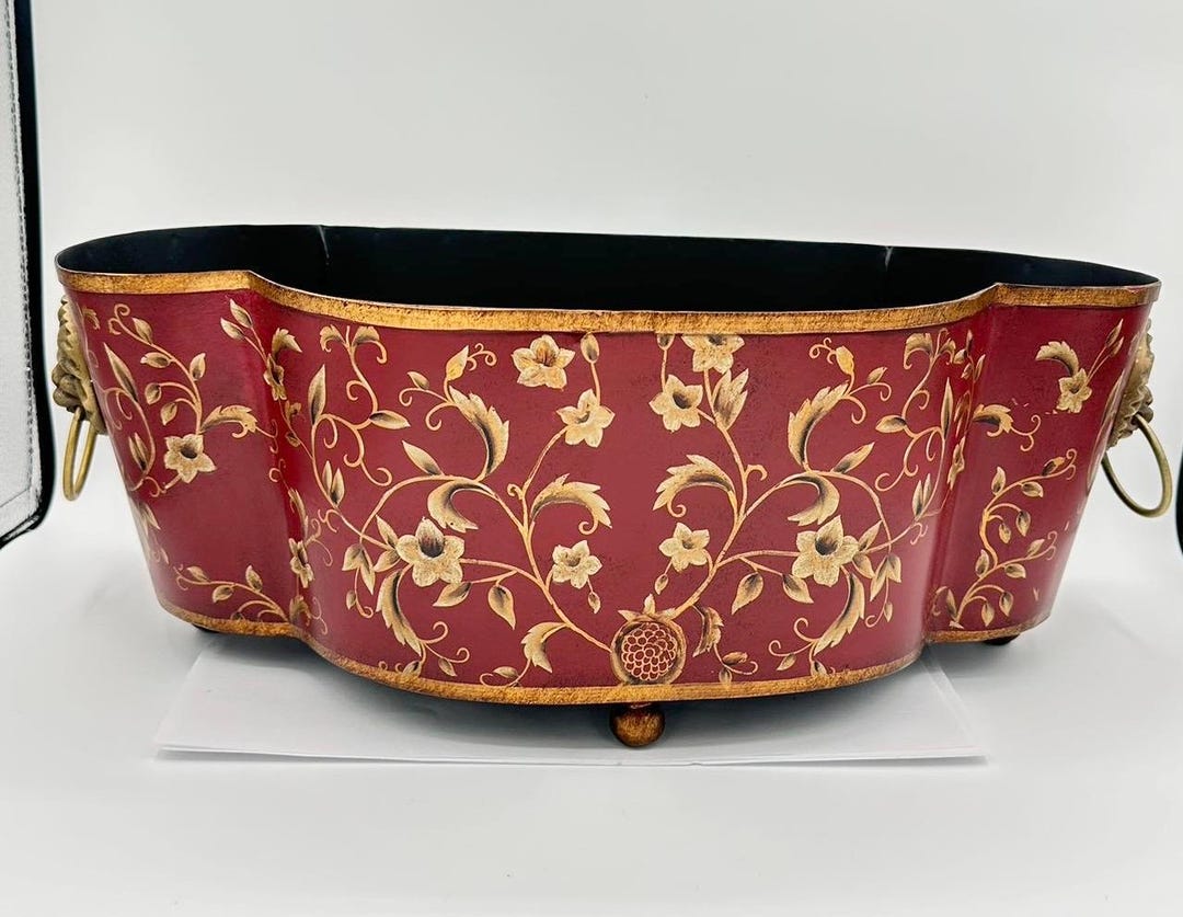 17" Hand-painted Tole Bin & Orchid Planter, Red With Gold Rim - Etsy