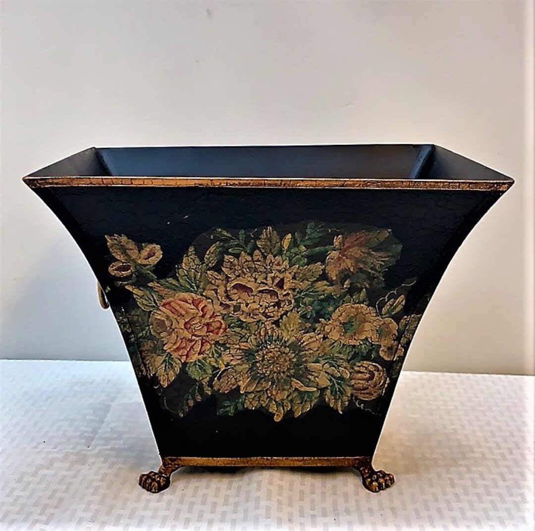 10"h Hand Painted Tole Bin & Orchid Planter, Black and Flowers Pattern ...