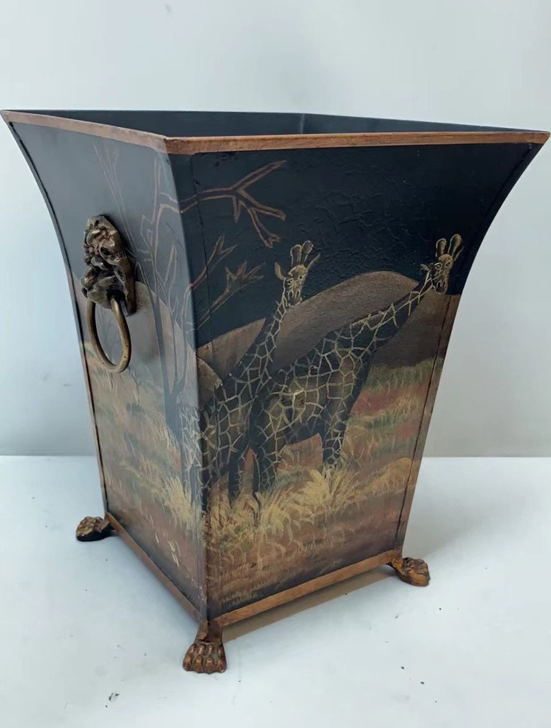 12H Hand Painted Tole Bin & Orchid Planter, Giraffes Pattern - Etsy