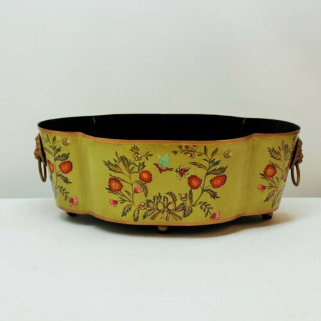 17" Hand-painted Tole Bin & Orchid Planter, Green Pattern - Etsy