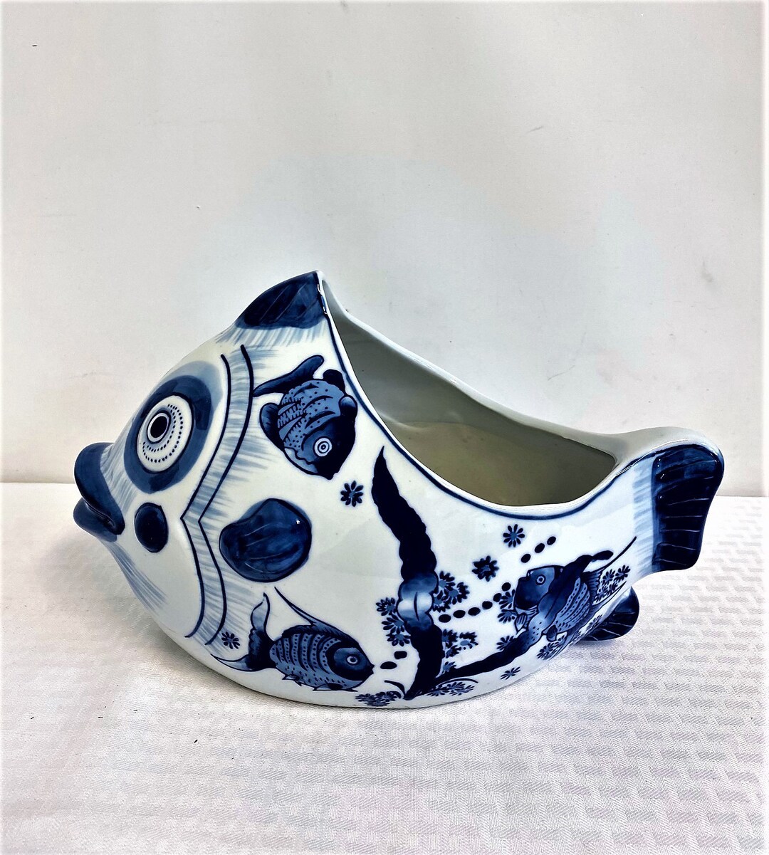 14"l Hand-painted Blue and White Porcelain Fish Planter - Etsy