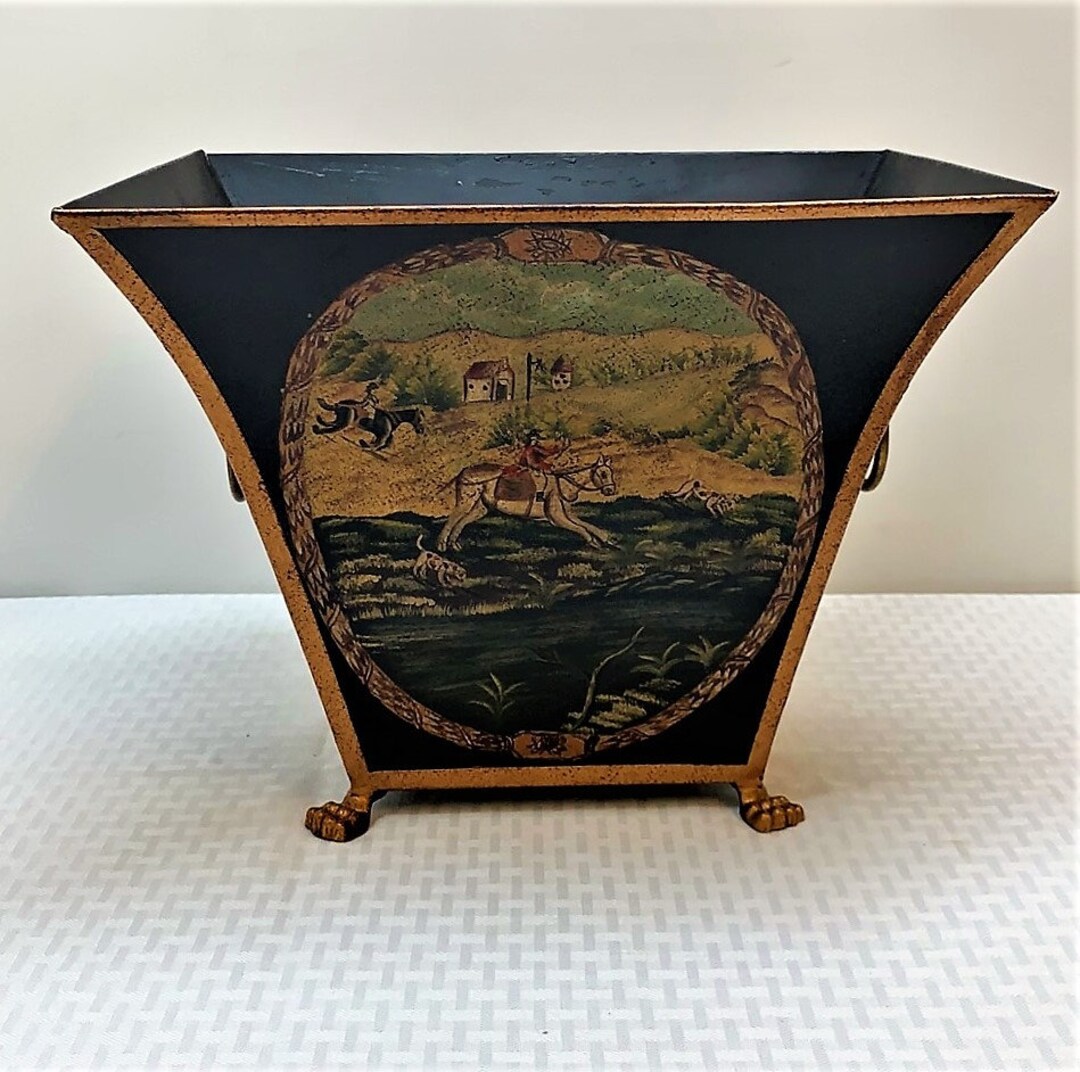 10”H Hand Painted Tole Bin & Orchid Planter, Black Scene Pattern - Etsy