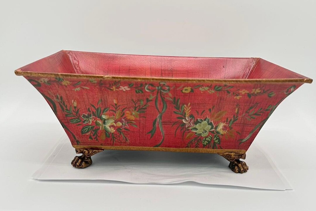 12”L Hand Painted Tole Bin & Orchid Planter, Red W Flowers - Etsy