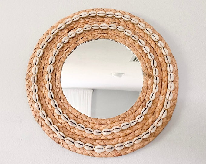 13” Cowrie Shell Jute Mirror, Jute Mirror, Jute Boho Accent Mirror ...