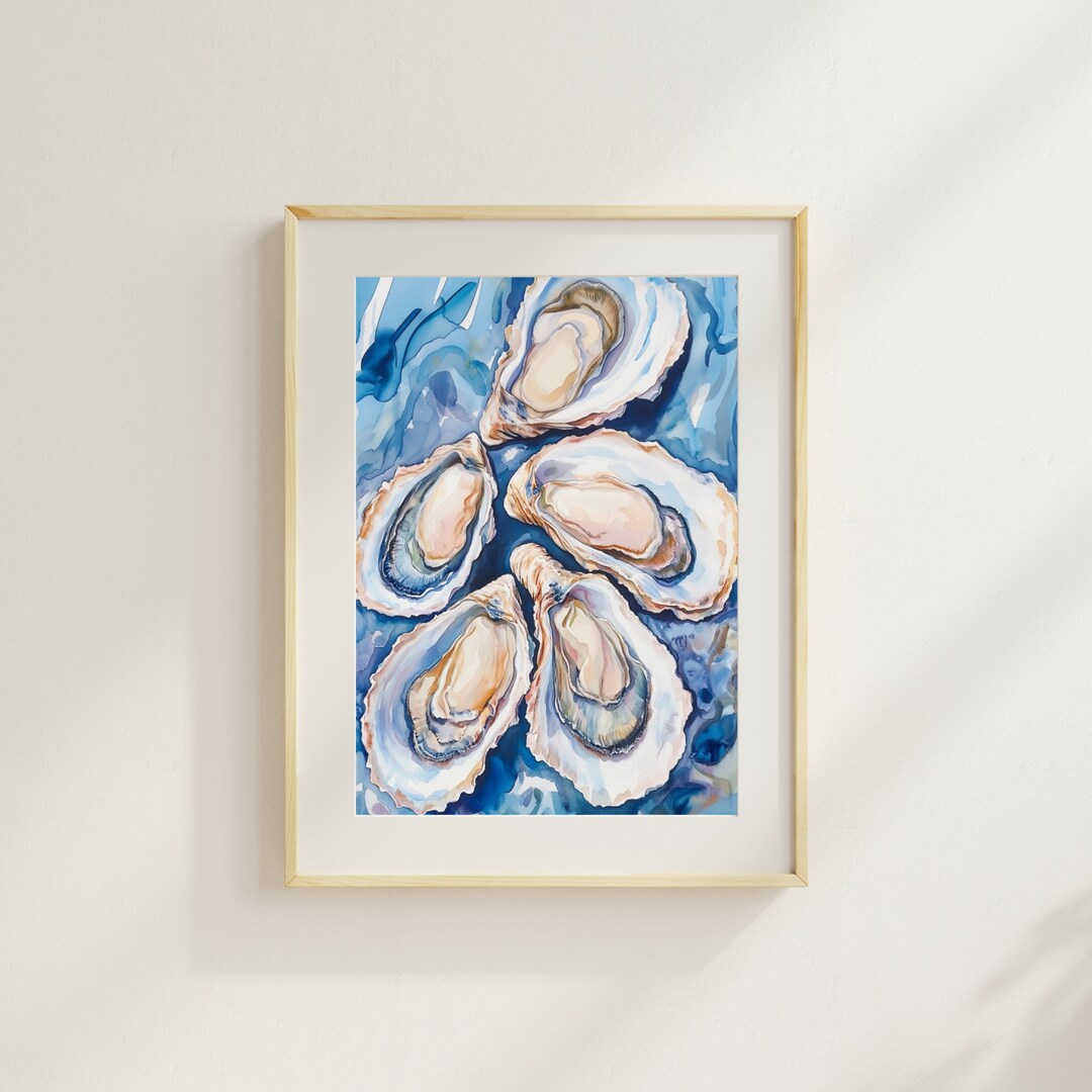 Oyster Shell Art, Blue Watercolor Oysters Art, Modern Coastal Wall Art ...