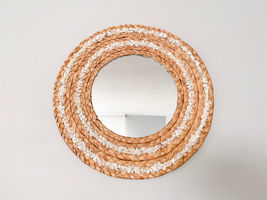 Natural Woven Shell Mirror | Round Coastal Wall Mirror With White Shell ...
