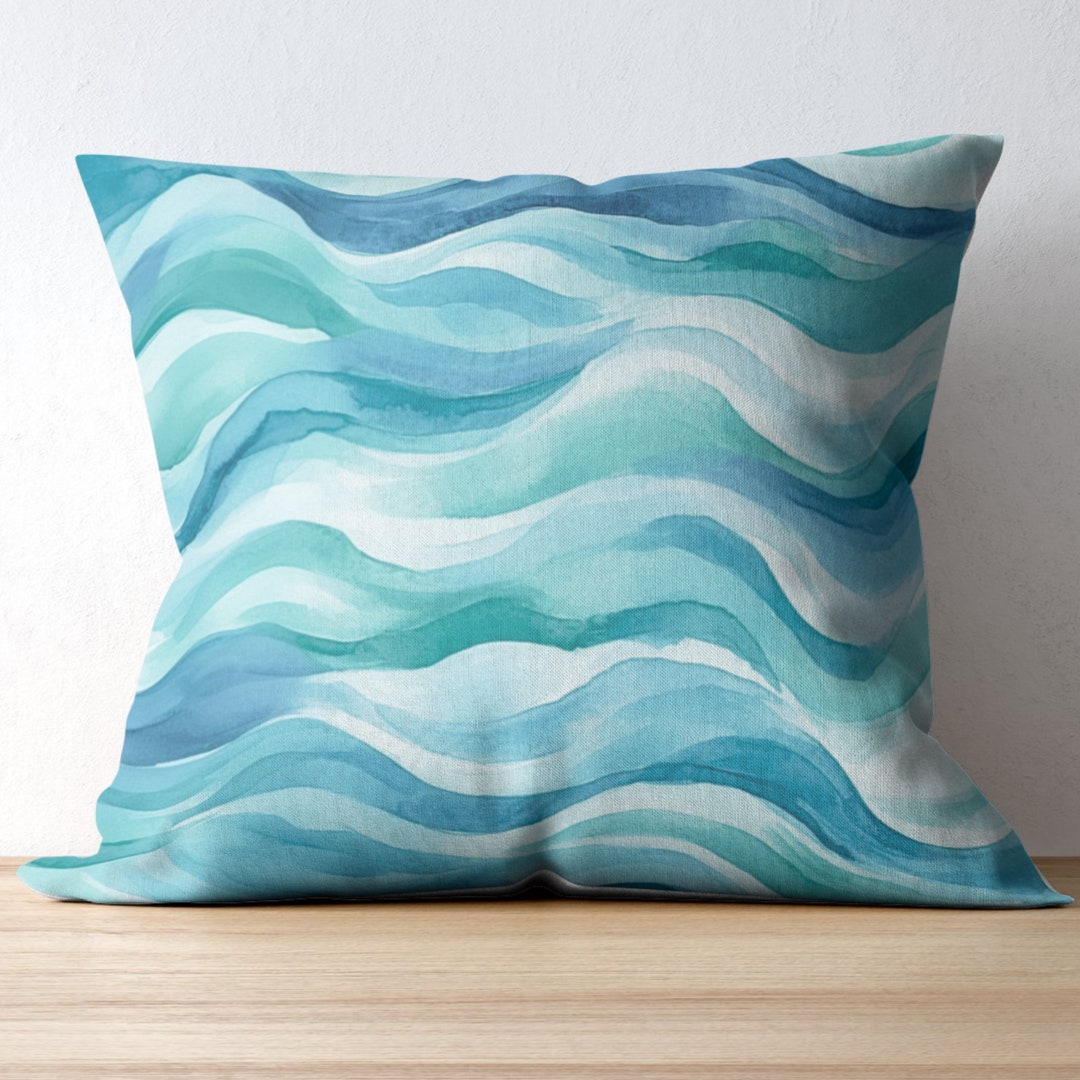 Blue Waves Pillow, Beach House Pillow Cover, Blue Coastal Decor Throw ...