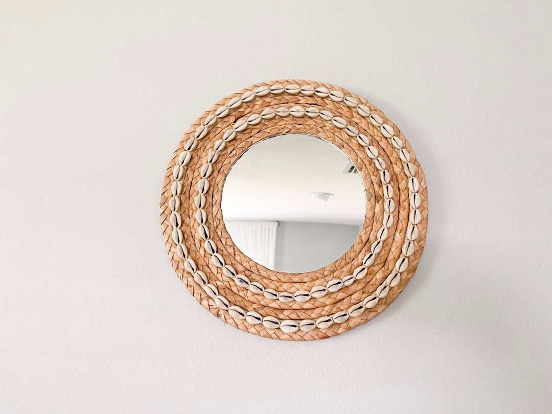 13” Cowrie Shell Jute Mirror, Jute Mirror, Jute Boho Accent Mirror ...