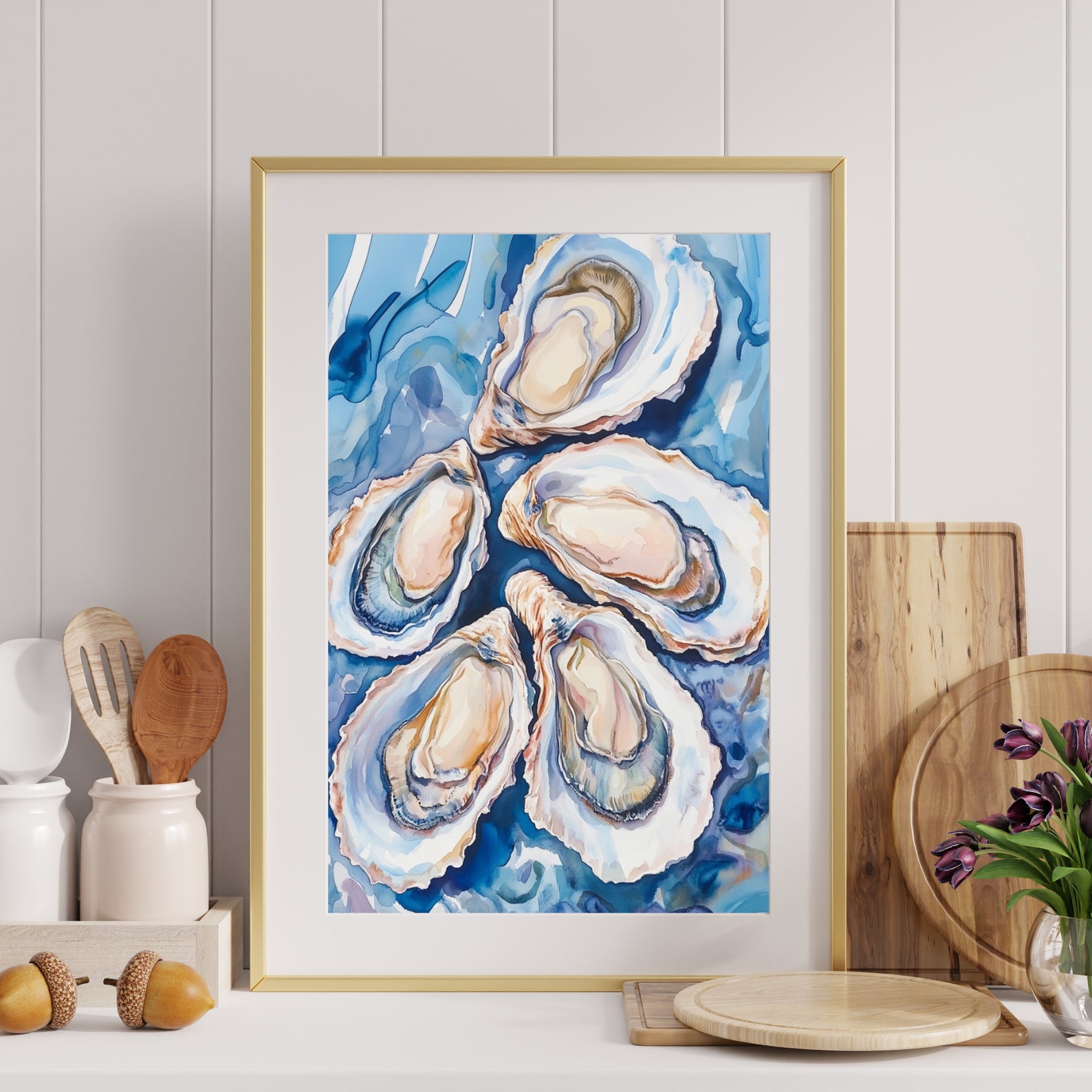 Oyster Shell Art, Blue Watercolor Oysters Art, Modern Coastal Wall Art ...