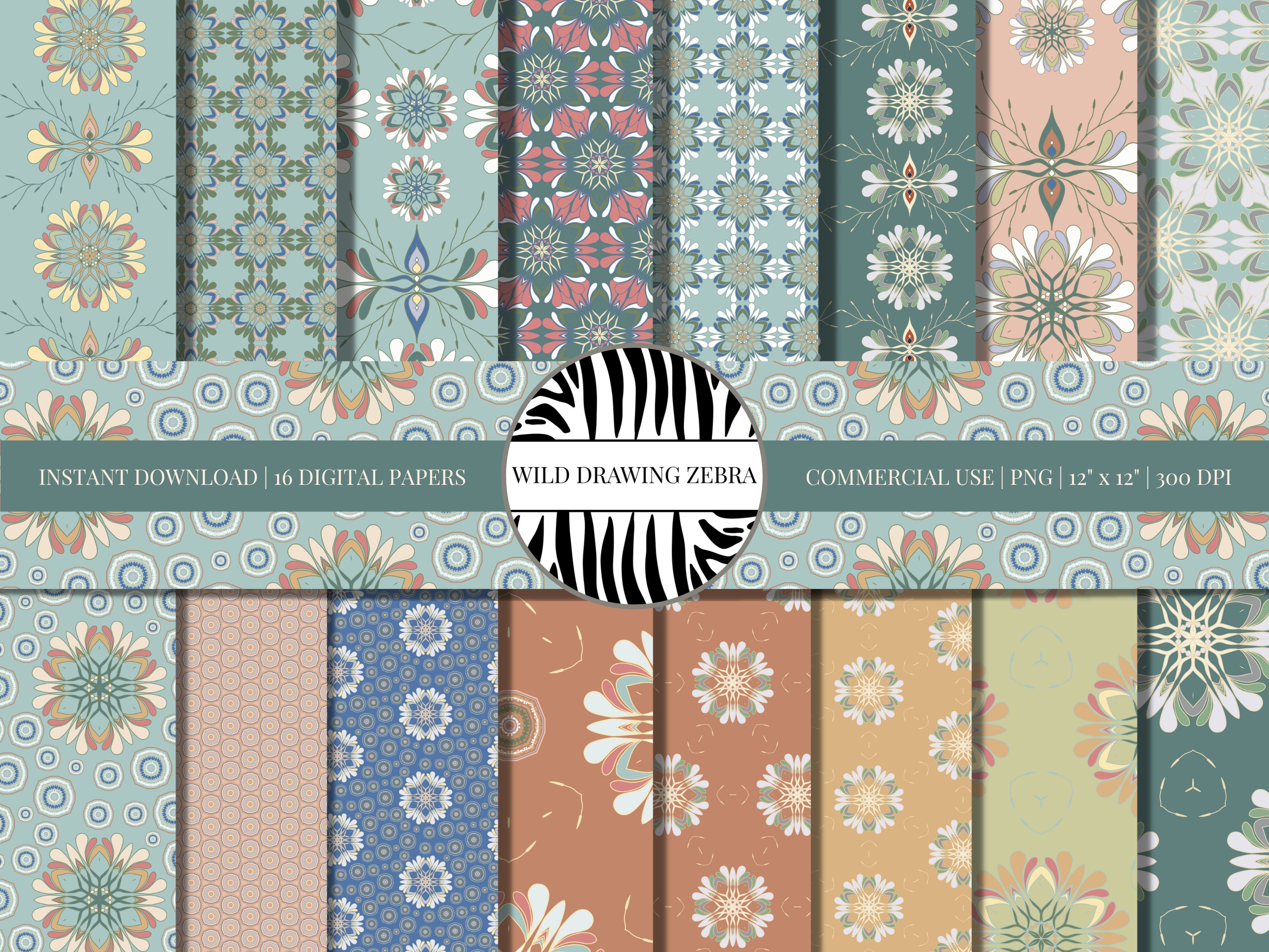 Art Nouveau Scrap Book & Digital Papers, Sage Green Floral Boho ...
