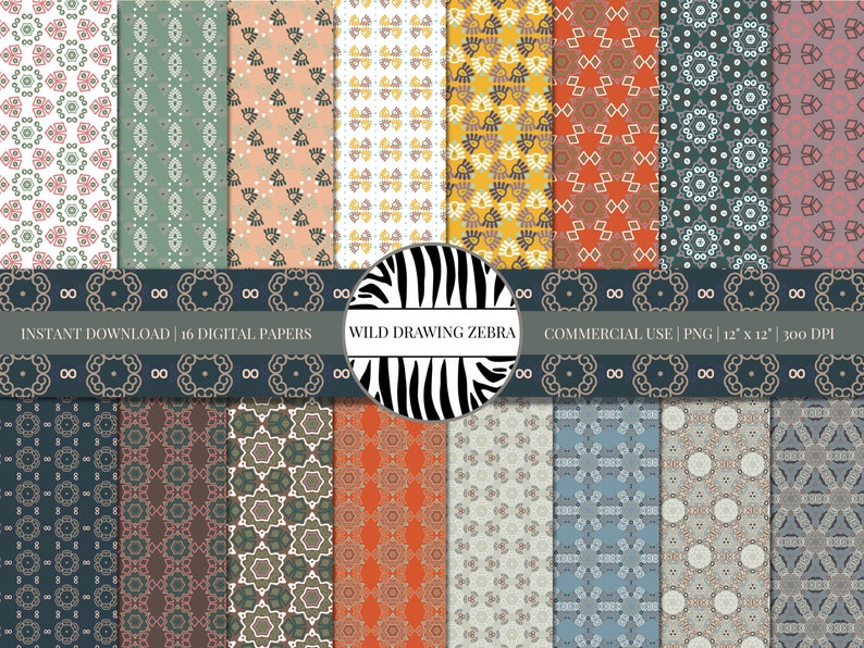 Geometric Patterns Digital Papers Pack - With Abstract Floral Printable ...