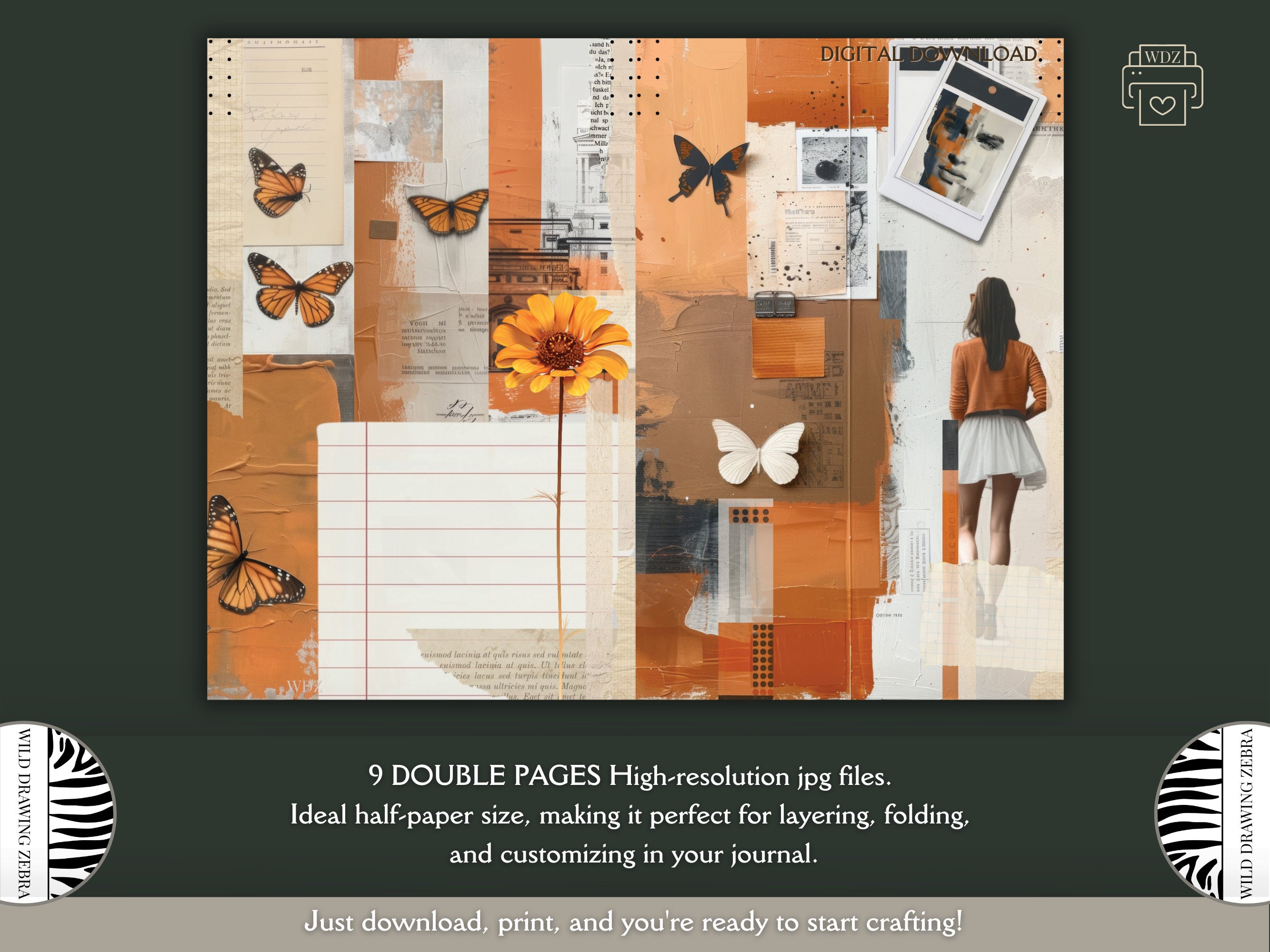 Modern Vintage Orange Aesthetic Digital Scrapbook Papers - Junk Journal ...