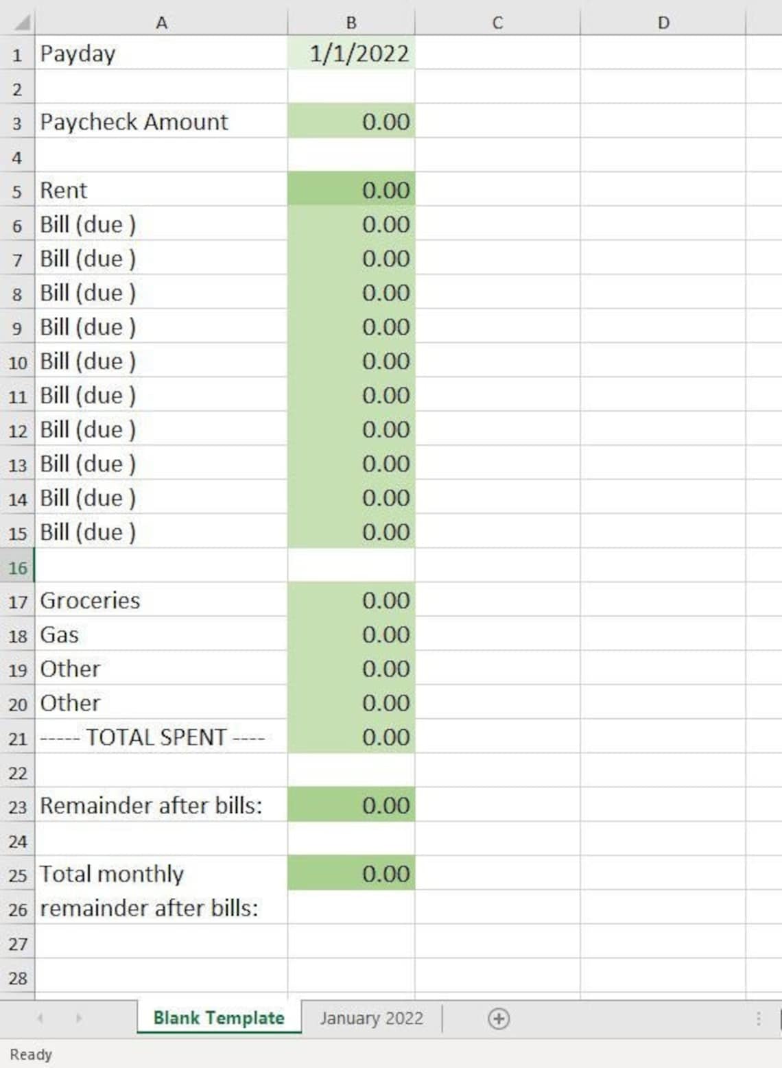 Simple Monthly Bills Microsoft Excel Spreadsheet Template - Budgeting ...