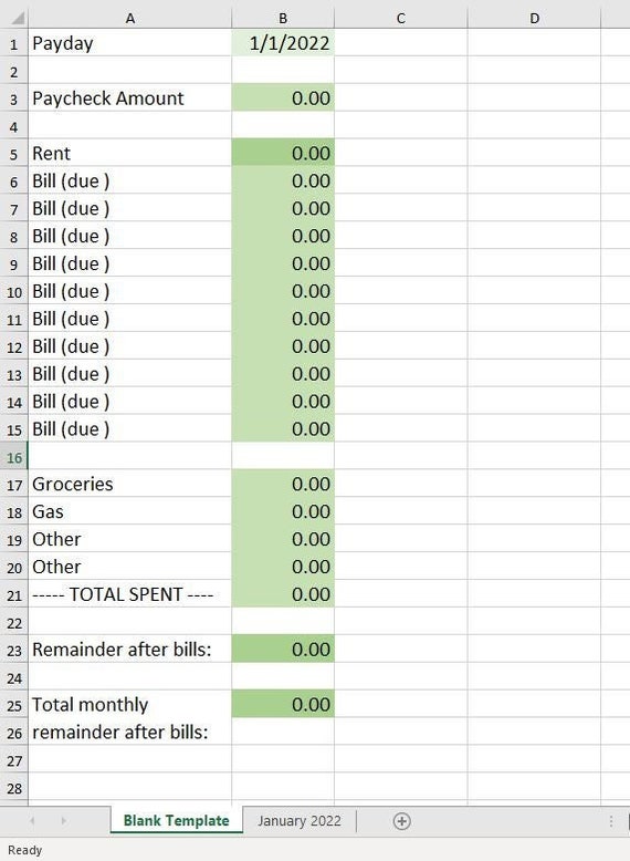 Simple Monthly Bills Microsoft Excel Spreadsheet Template - Etsy