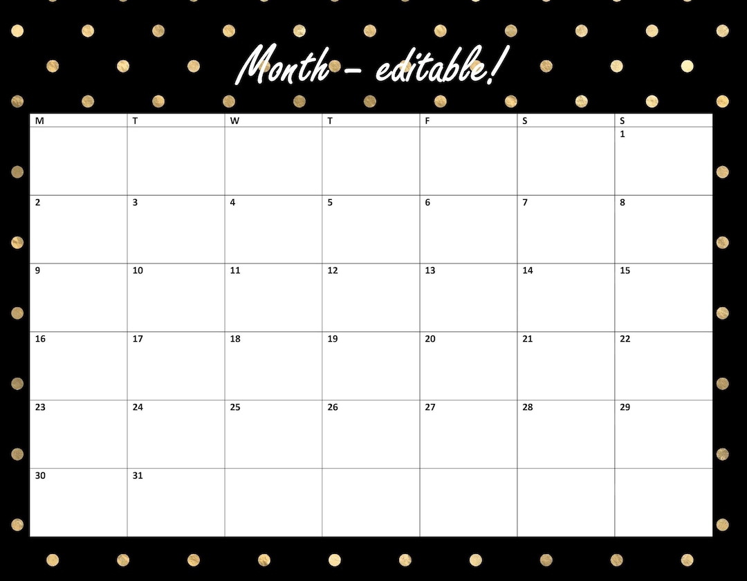 Polka Dots Black and Gold Calendar Microsoft Word Template - Editable ...