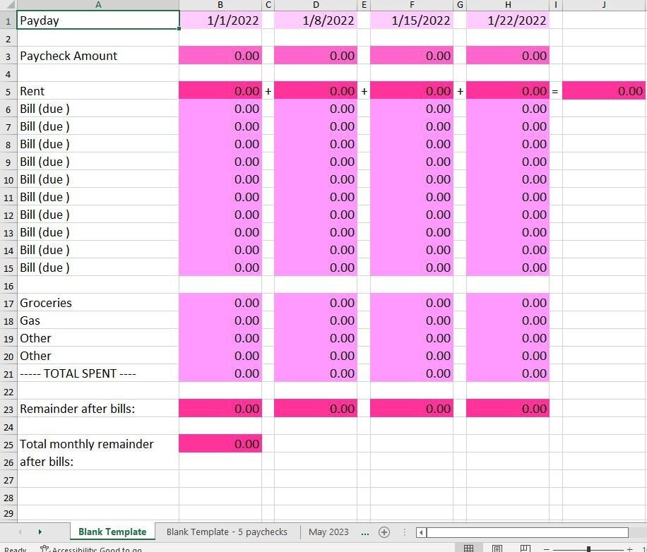 Simple Weekly Bills Microsoft Excel Spreadsheet Template - Budgeting ...