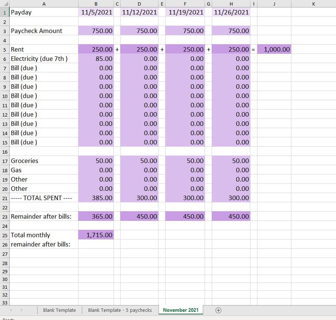 Simple Weekly Bills Microsoft Excel Spreadsheet Template - Budgeting ...