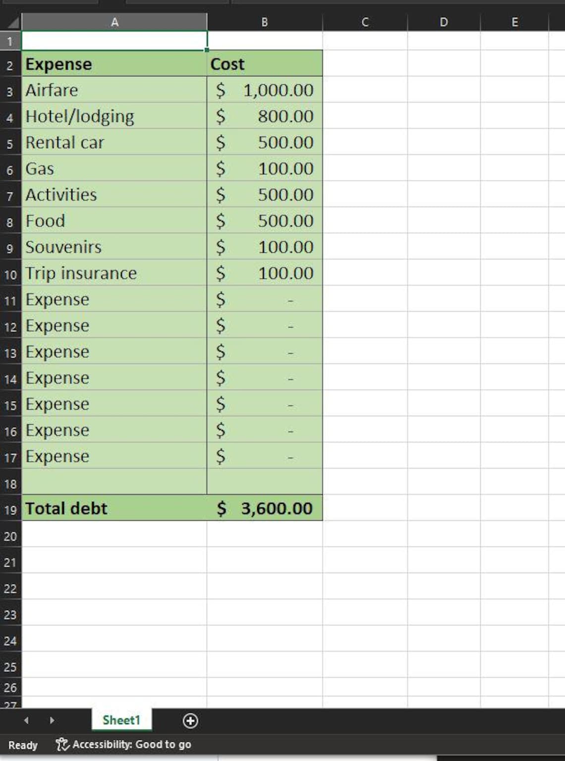 Vacation Cost Calculator Spreadsheet - Excel - Microsoft- Budgeting ...