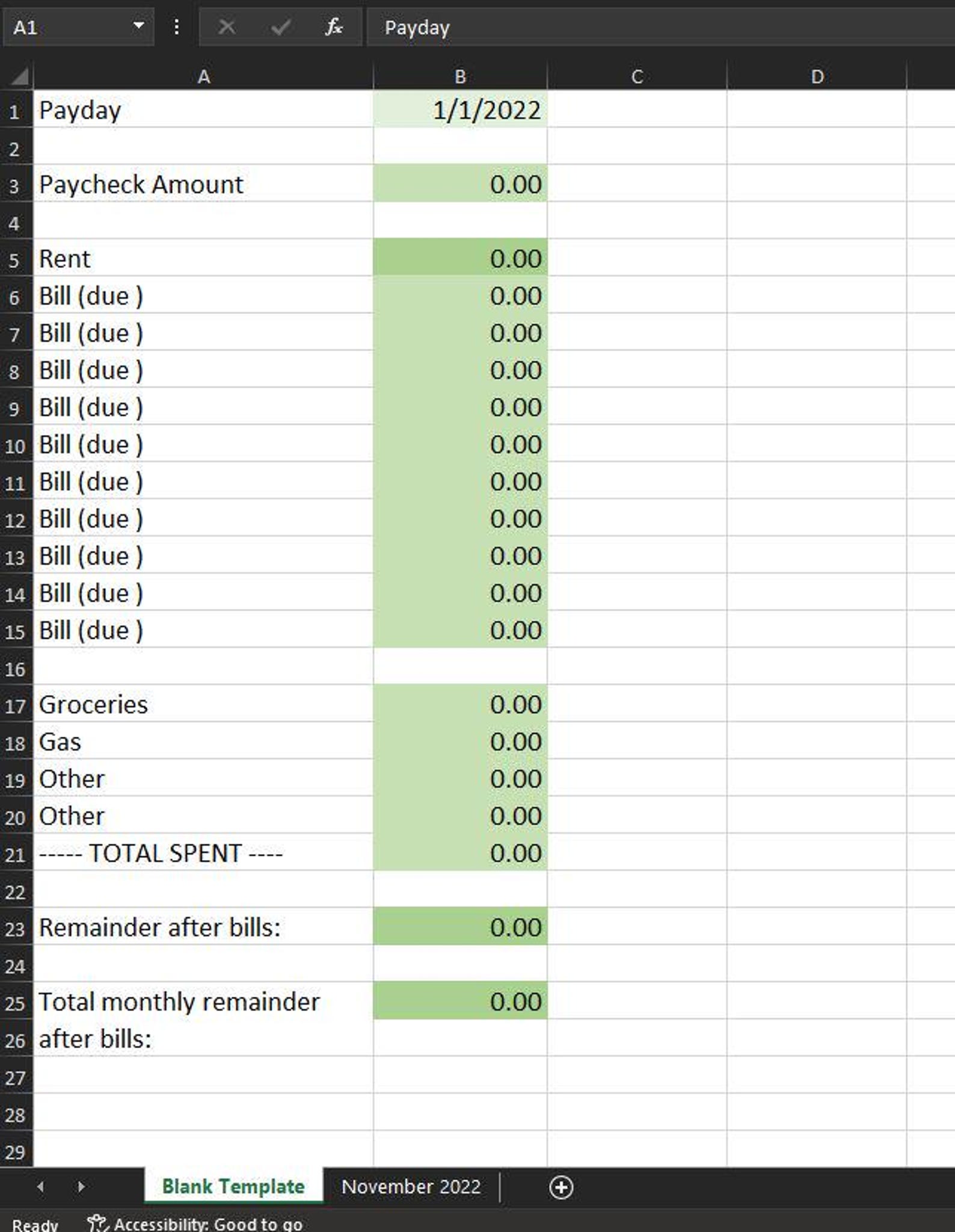 Simple Monthly Bills Microsoft Excel Spreadsheet Template - Budgeting ...