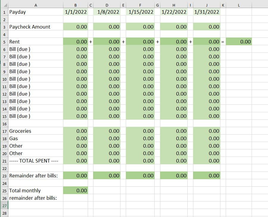 Simple Weekly Bills Microsoft Excel Spreadsheet Template - Budgeting ...