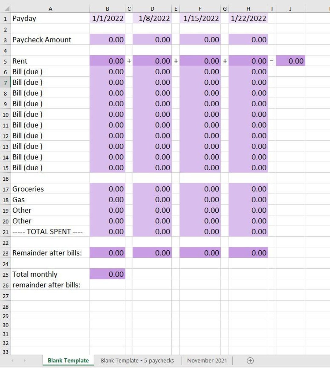 Simple Weekly Bills Microsoft Excel Spreadsheet Template - Budgeting ...