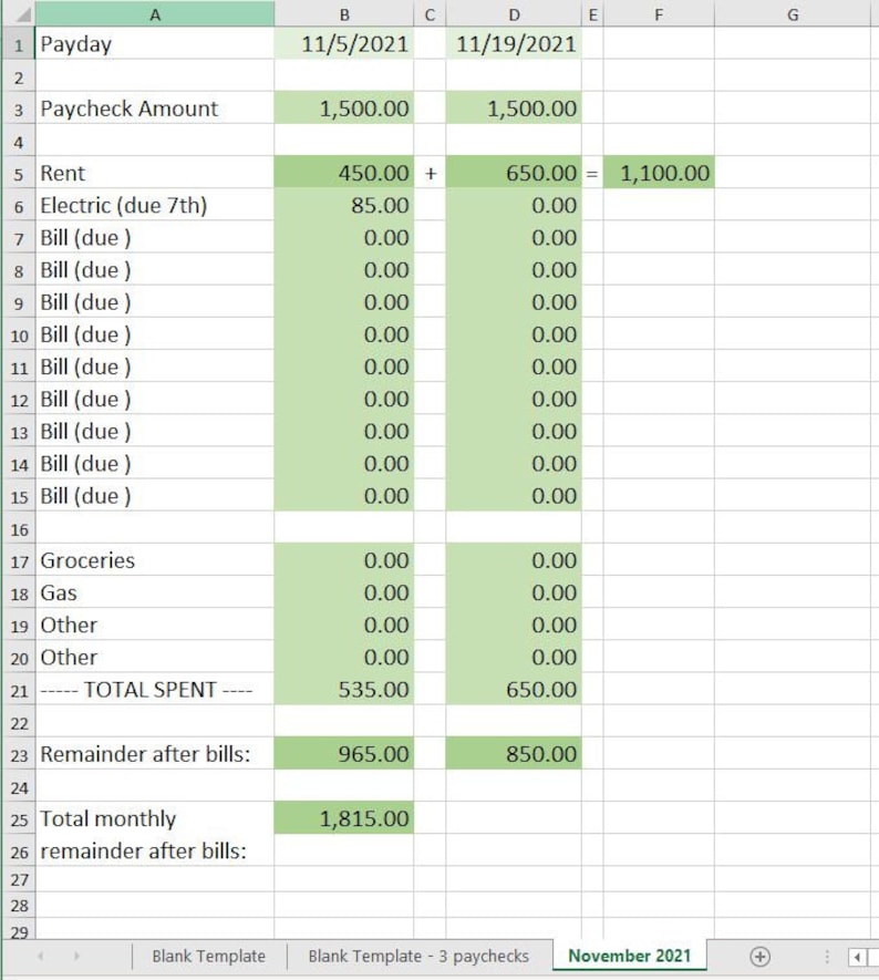 Simple Bi-weekly Bills Microsoft Excel Spreadsheet Template - Budgeting ...