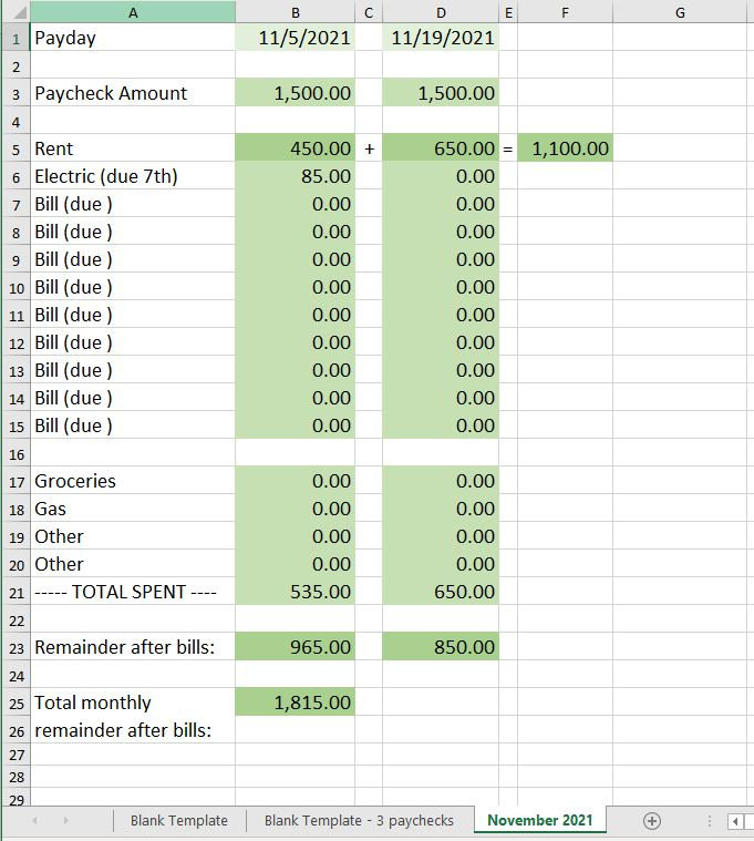 Simple Bi-weekly Bills Microsoft Excel Spreadsheet Template - Budgeting ...