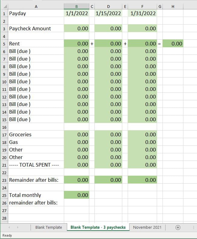 Simple Bi-weekly Bills Microsoft Excel Spreadsheet Template - Budgeting ...