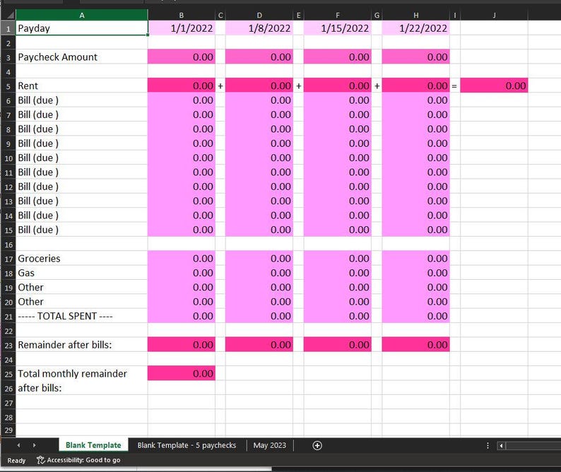 Simple Weekly Bills Microsoft Excel Spreadsheet Template - Budgeting ...