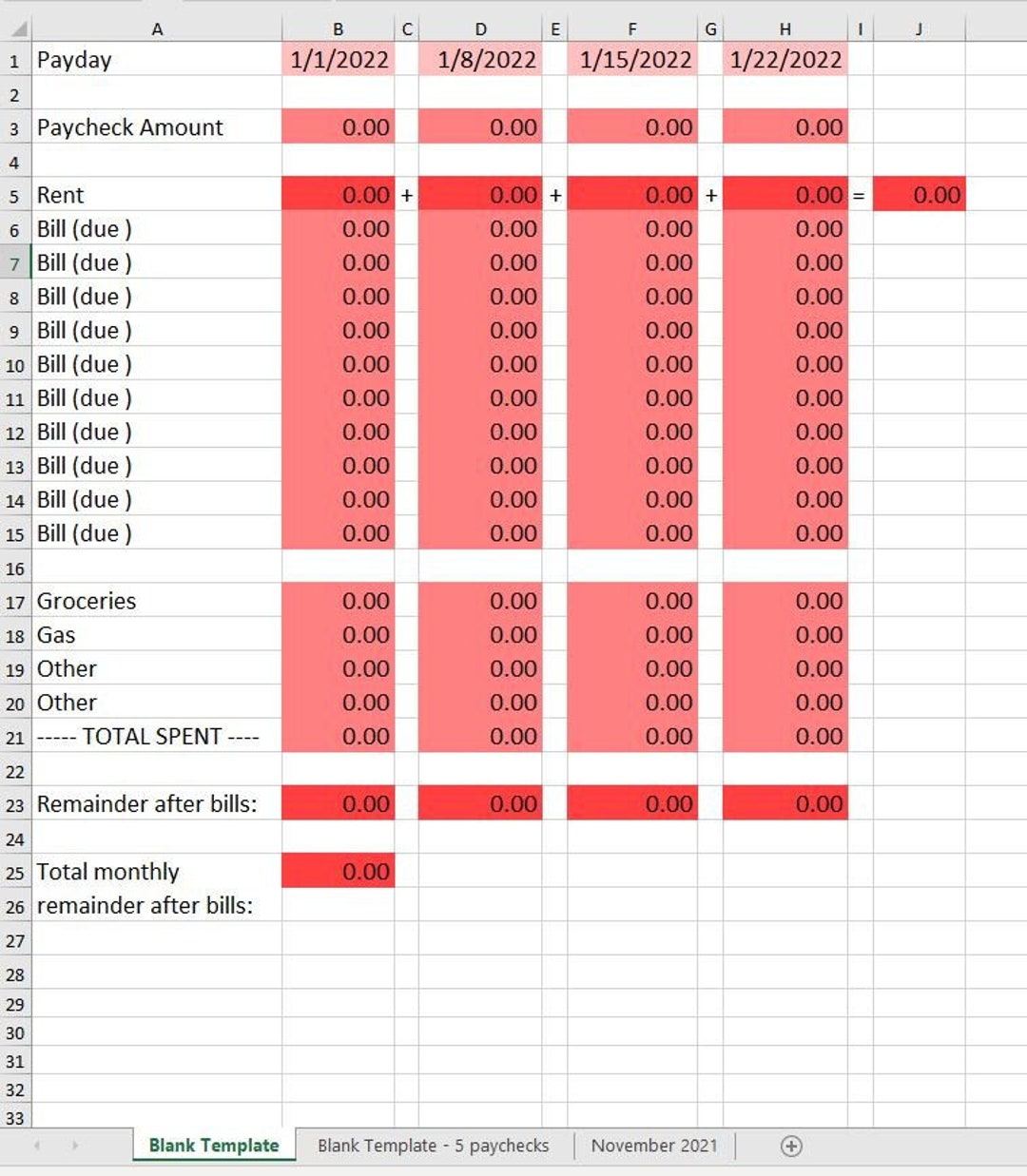 Simple Weekly Bills Microsoft Excel Spreadsheet Template - Budgeting ...