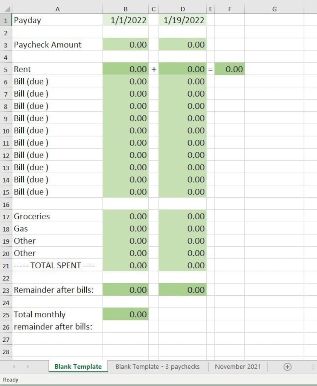 Simple Bi-weekly Bills Microsoft Excel Spreadsheet Template - Budgeting ...