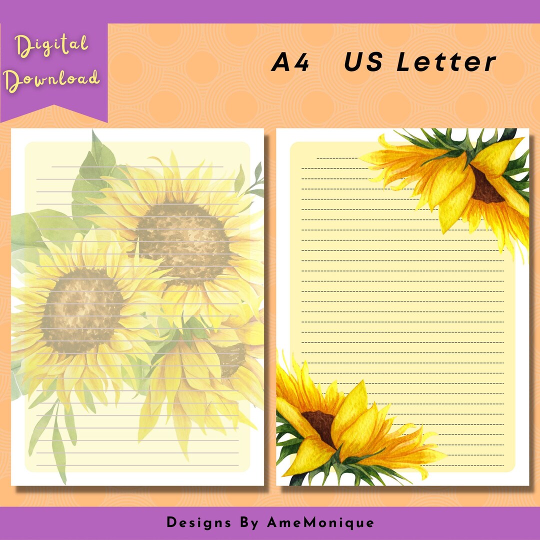 Sunflower Bursts Printable Stationery, Sunflower Stationary, A4 US ...