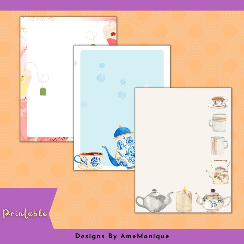 Spill the Tea Printable Stationery, Teatime, Watercolor Tea Cups, A4 US ...