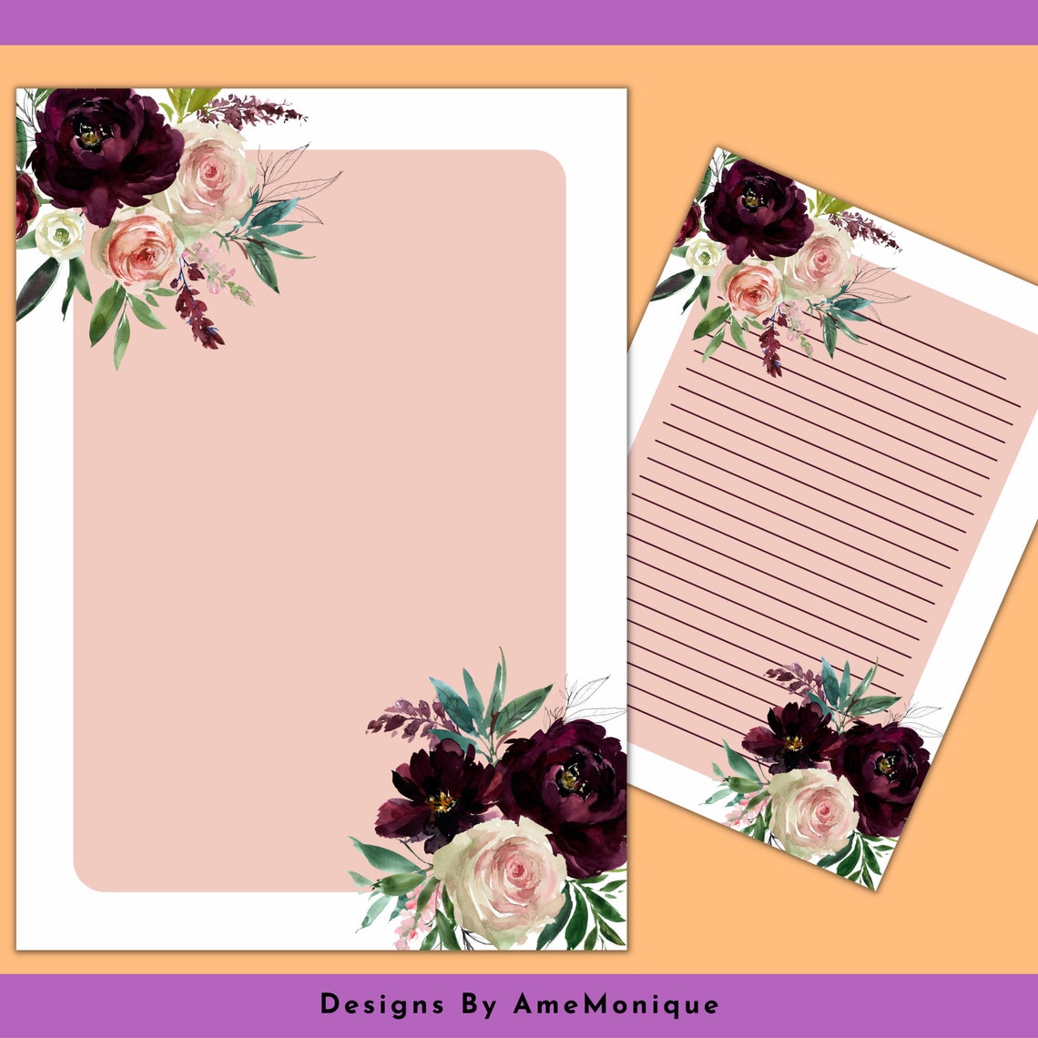 Printable Blush and Wine Floral Stationery, A4 US Letter, PDF, Instant ...
