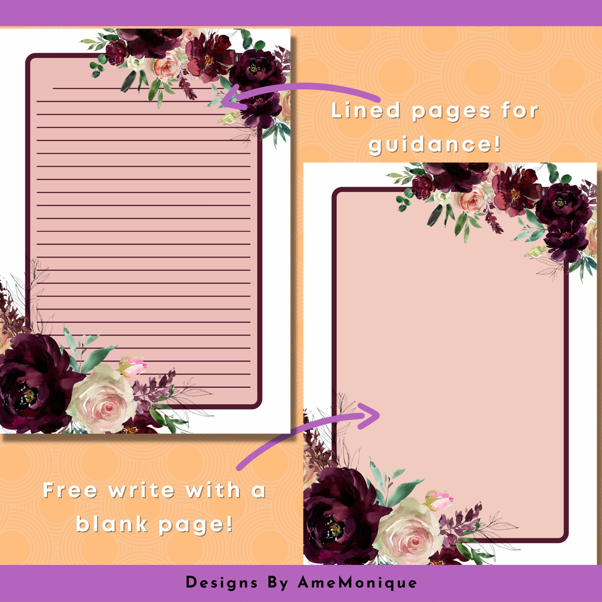 Printable Blush and Wine Floral Stationery, A4 US Letter, PDF, Instant ...