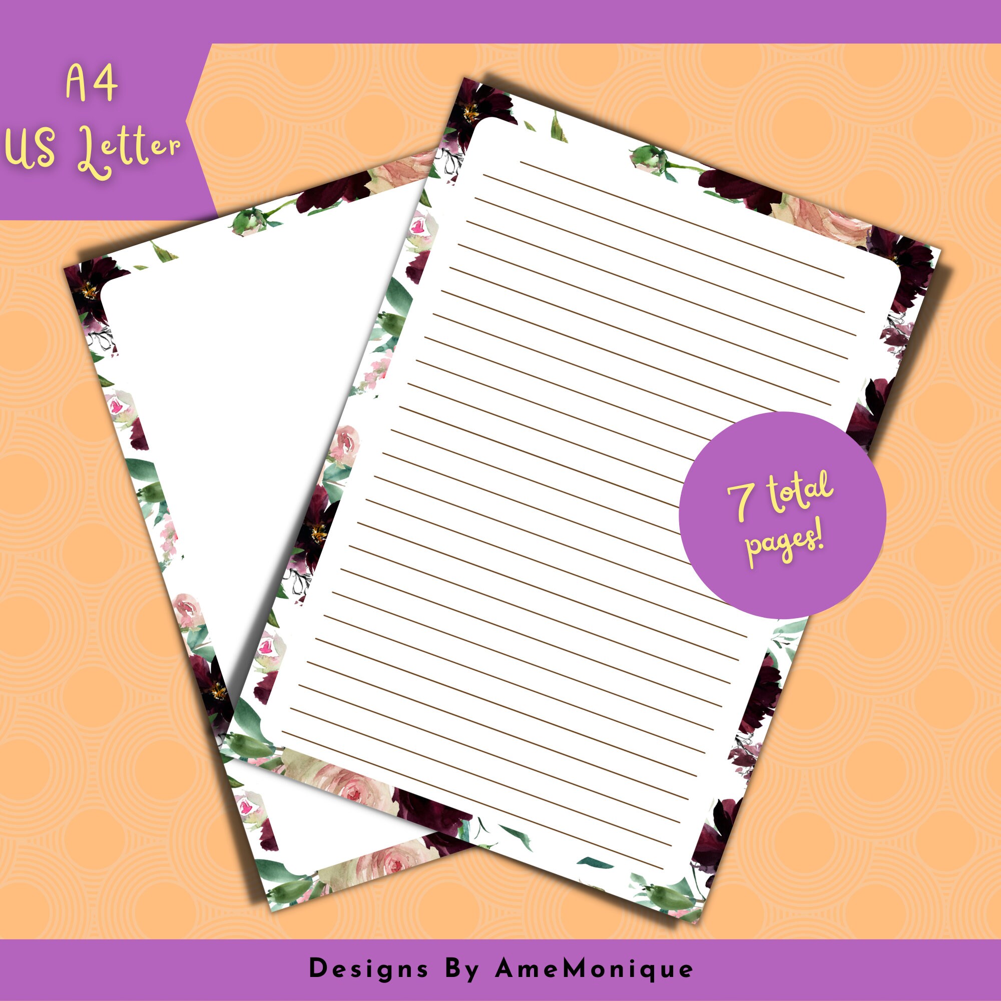 Printable Blush and Wine Floral Stationery, A4 US Letter, PDF, Instant ...