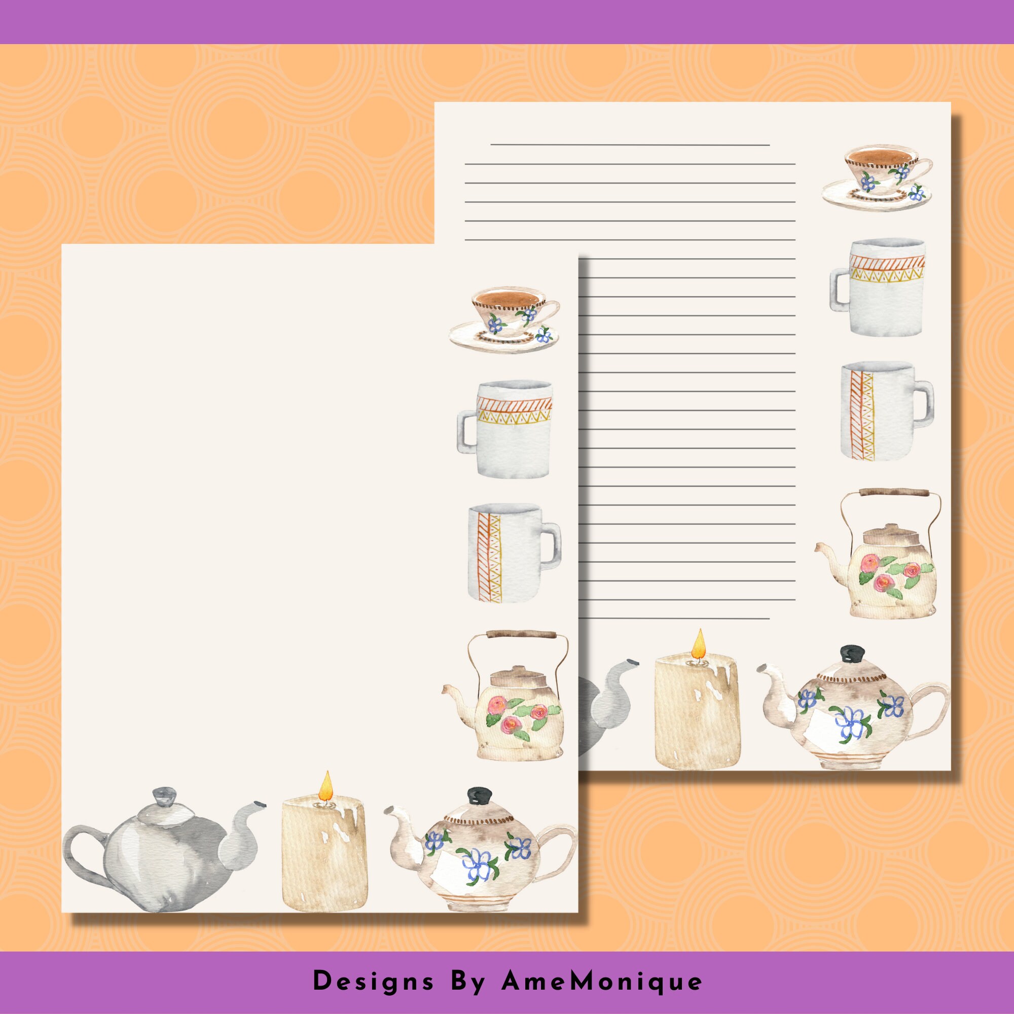Spill the Tea Printable Stationery, Teatime, Watercolor Tea Cups, A4 US ...