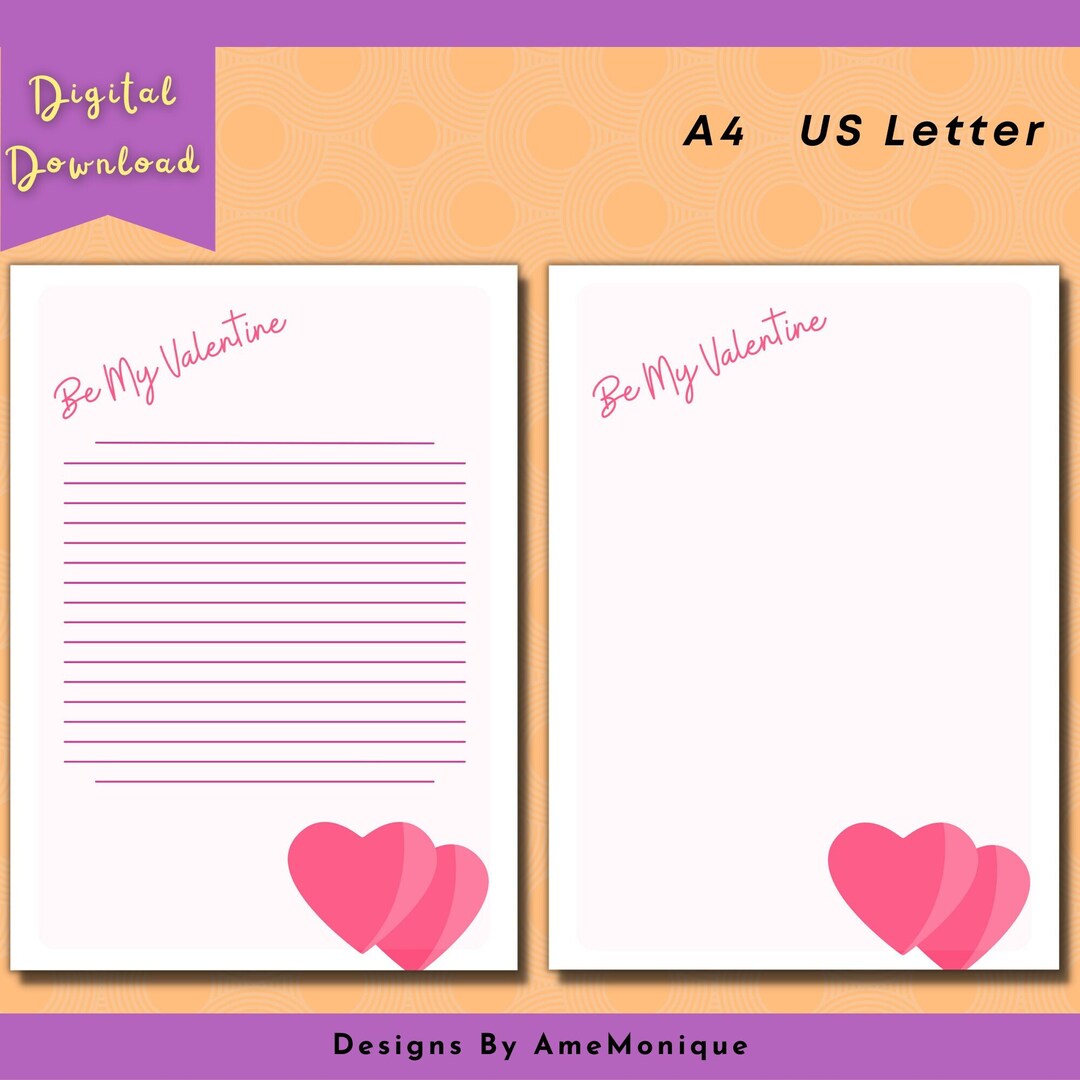 Printable Be My Valentine Stationery, A4 US Letter, PDF, Digital ...
