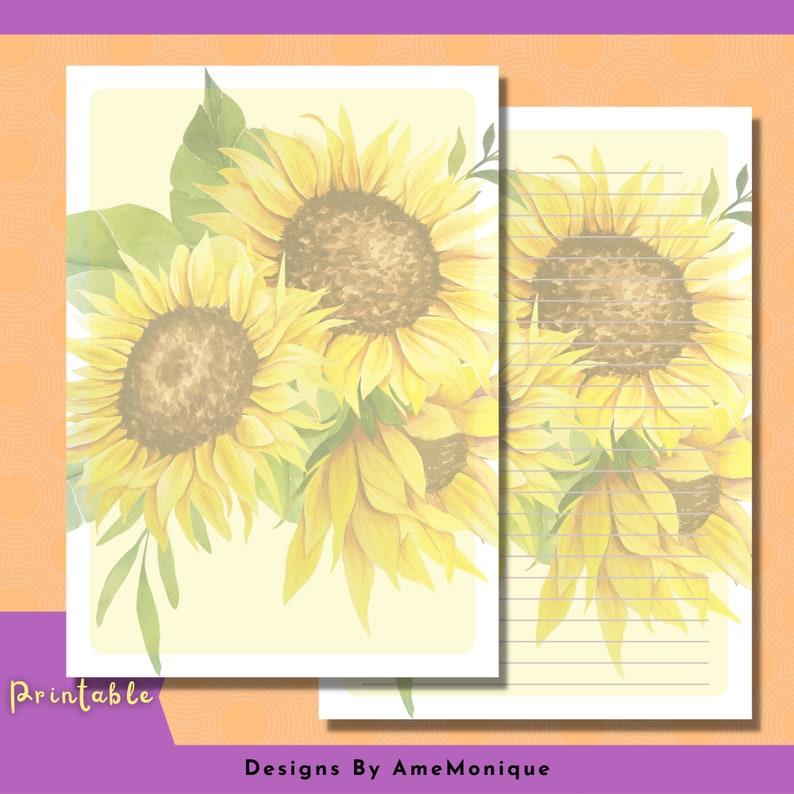 Sunflower Bursts Printable Stationery, Sunflower Stationary, A4 US ...