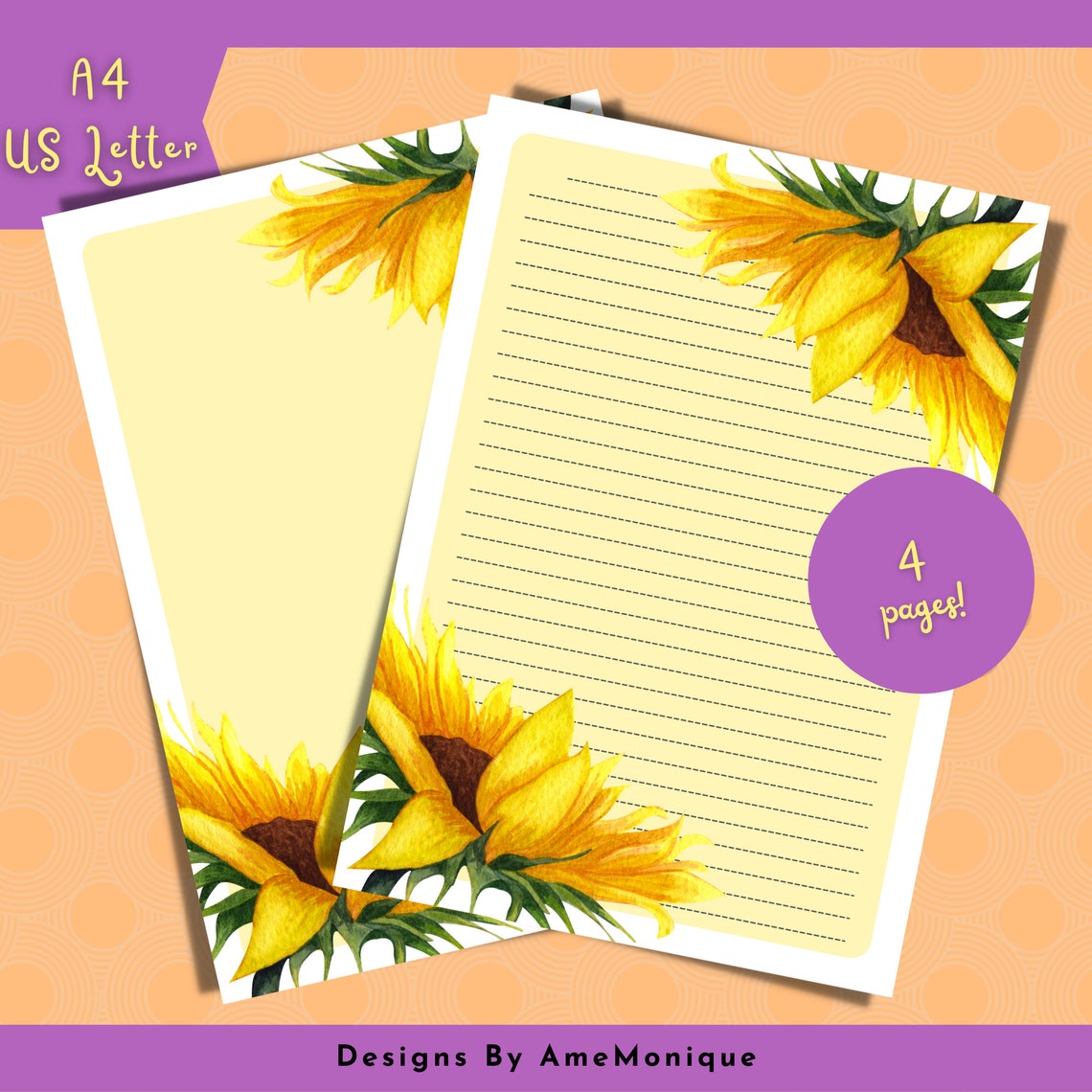 Sunflower Bursts Printable Stationery, Sunflower Stationary, A4 US ...