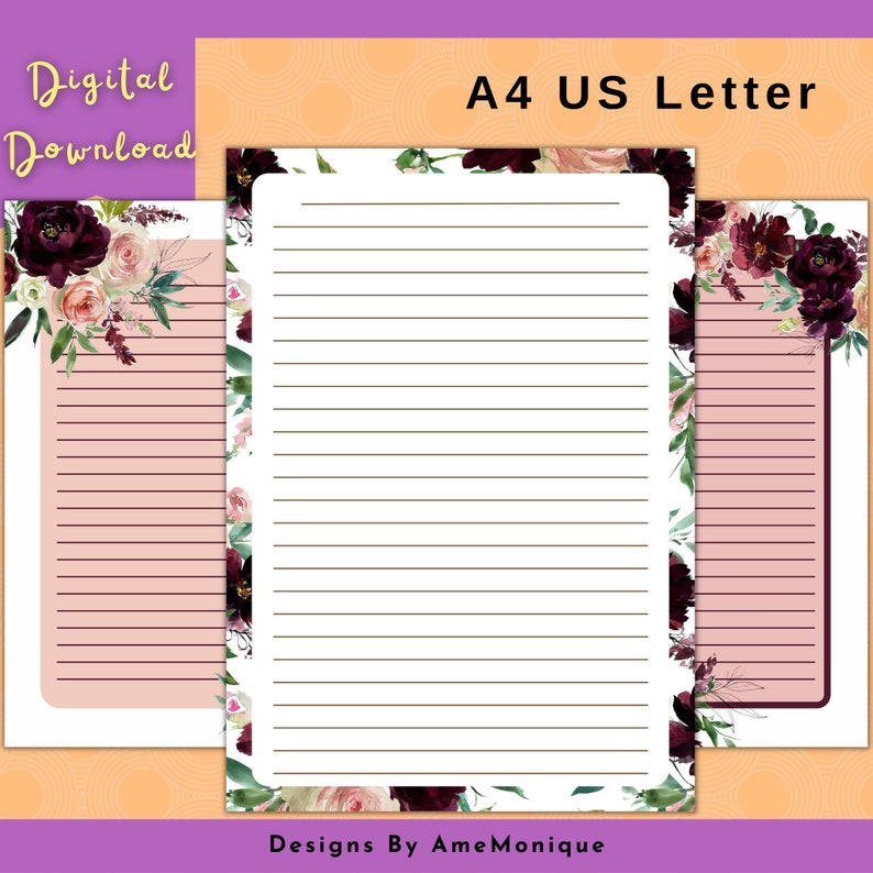 Printable Blush and Wine Floral Stationery, A4 US Letter, PDF, Instant ...