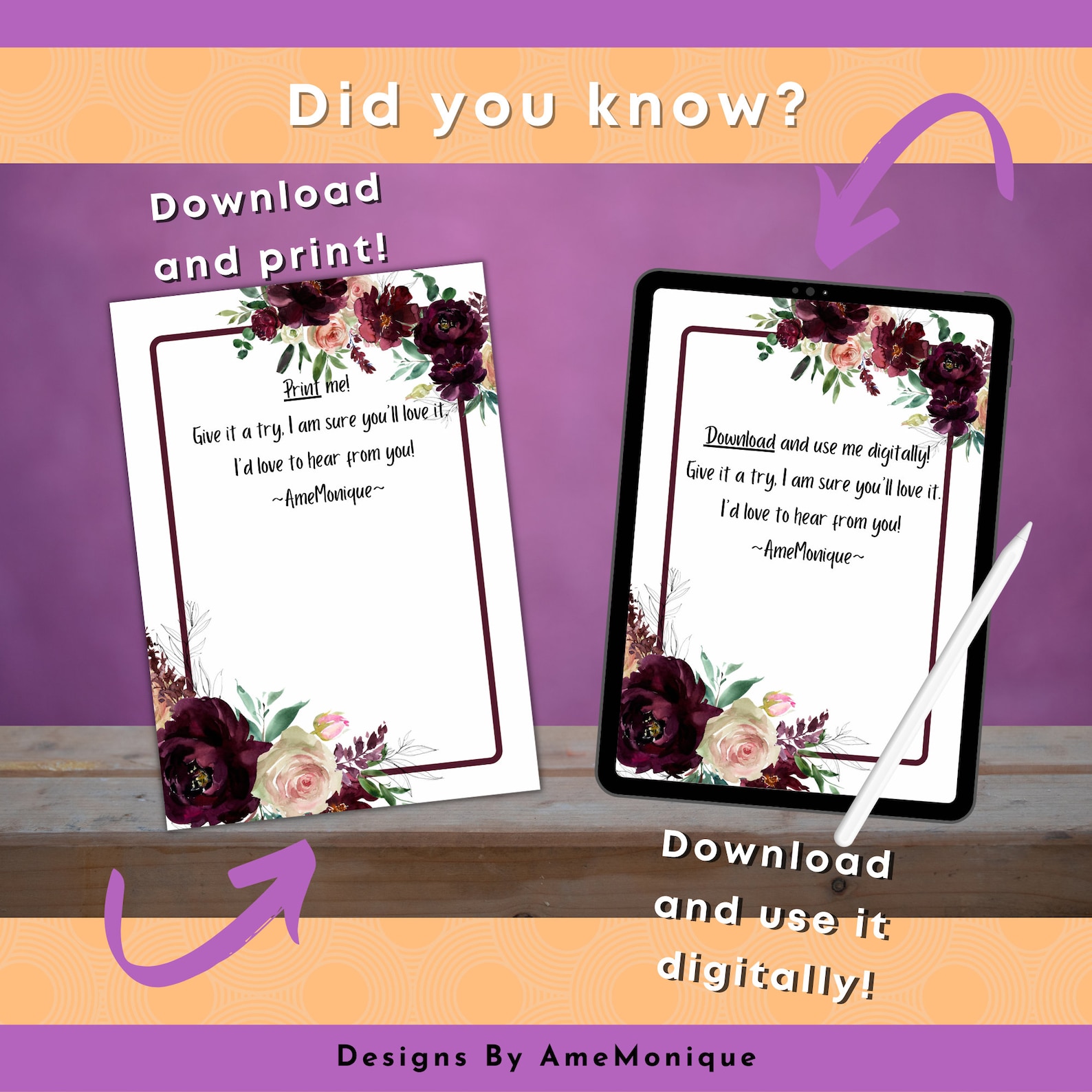 Printable Blush and Wine Floral Stationery, A4 US Letter, PDF, Instant ...