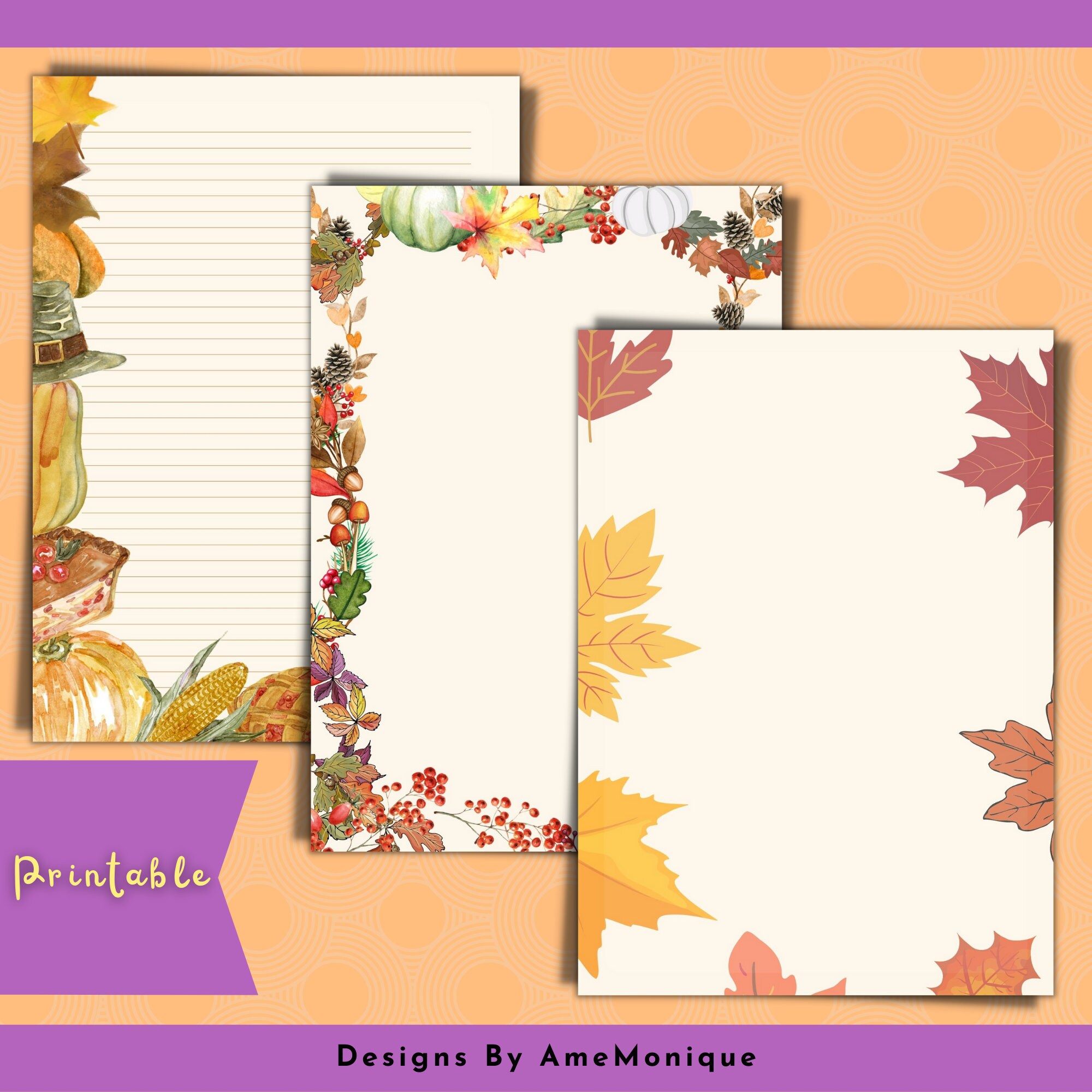 Printable Thanksgiving Feast and Leaf Border Stationary Set Digital ...