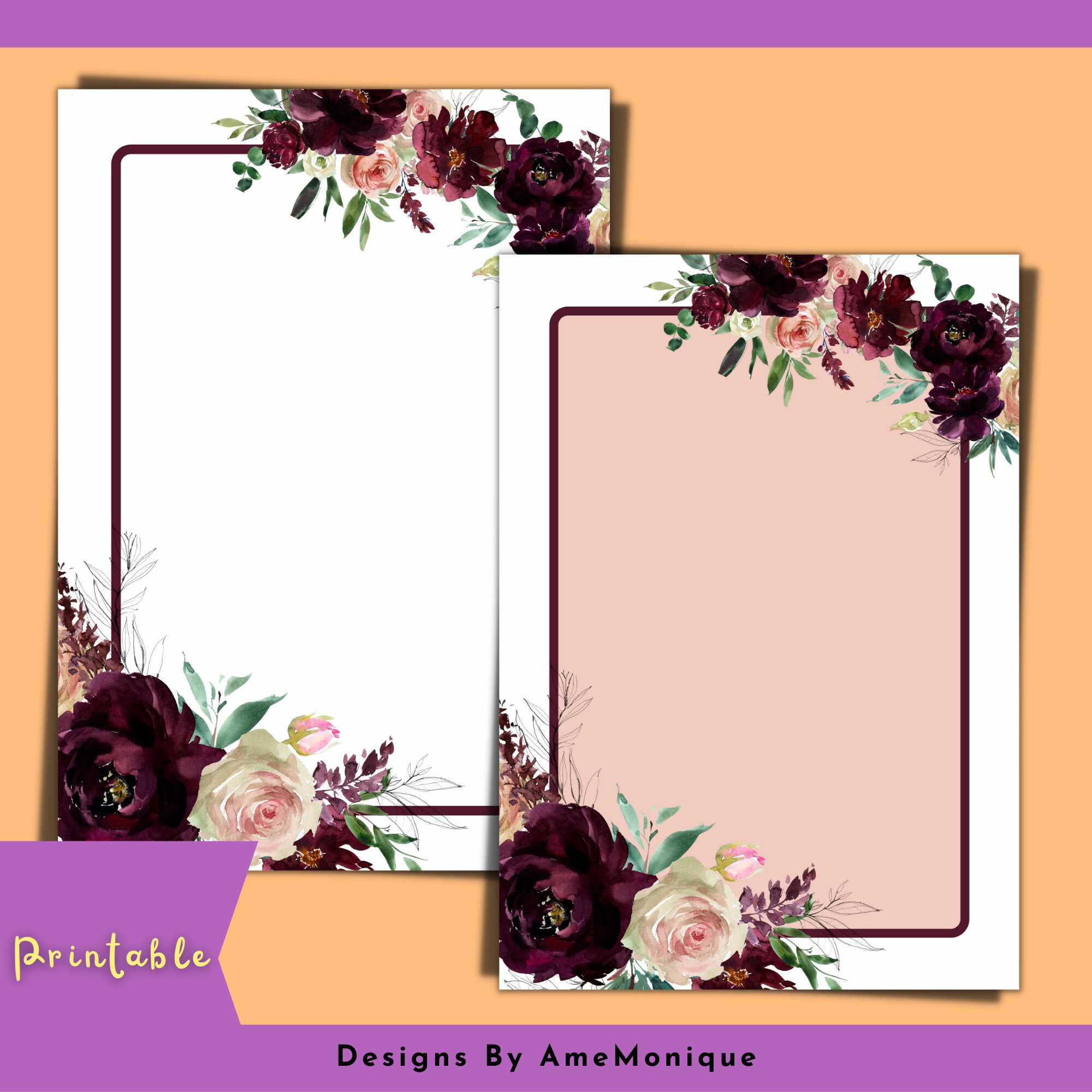 Printable Blush and Wine Floral Stationery, A4 US Letter, PDF, Instant ...