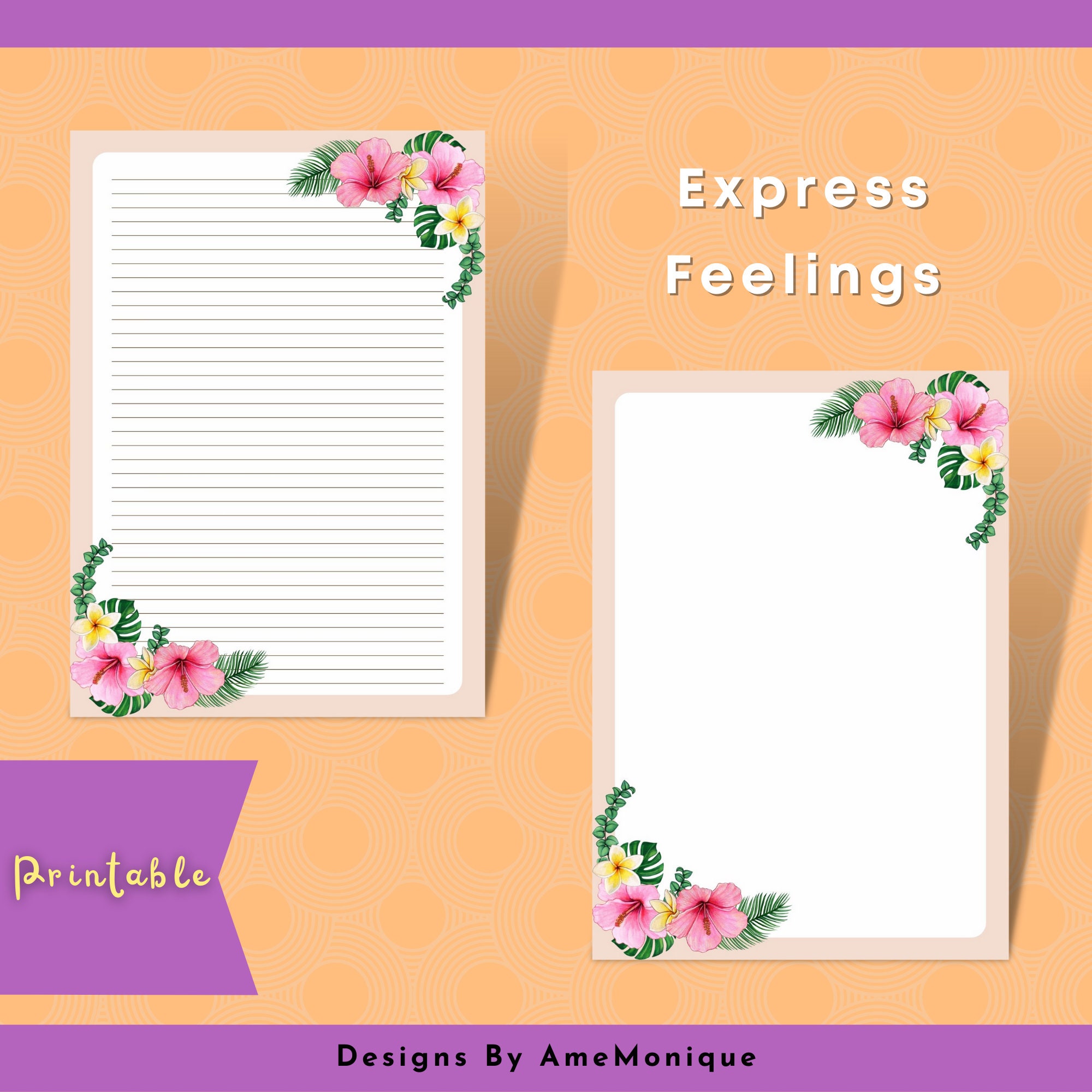 Printable Beautiful Hibiscus Flower Stationery, A4 US Letter, PDF ...