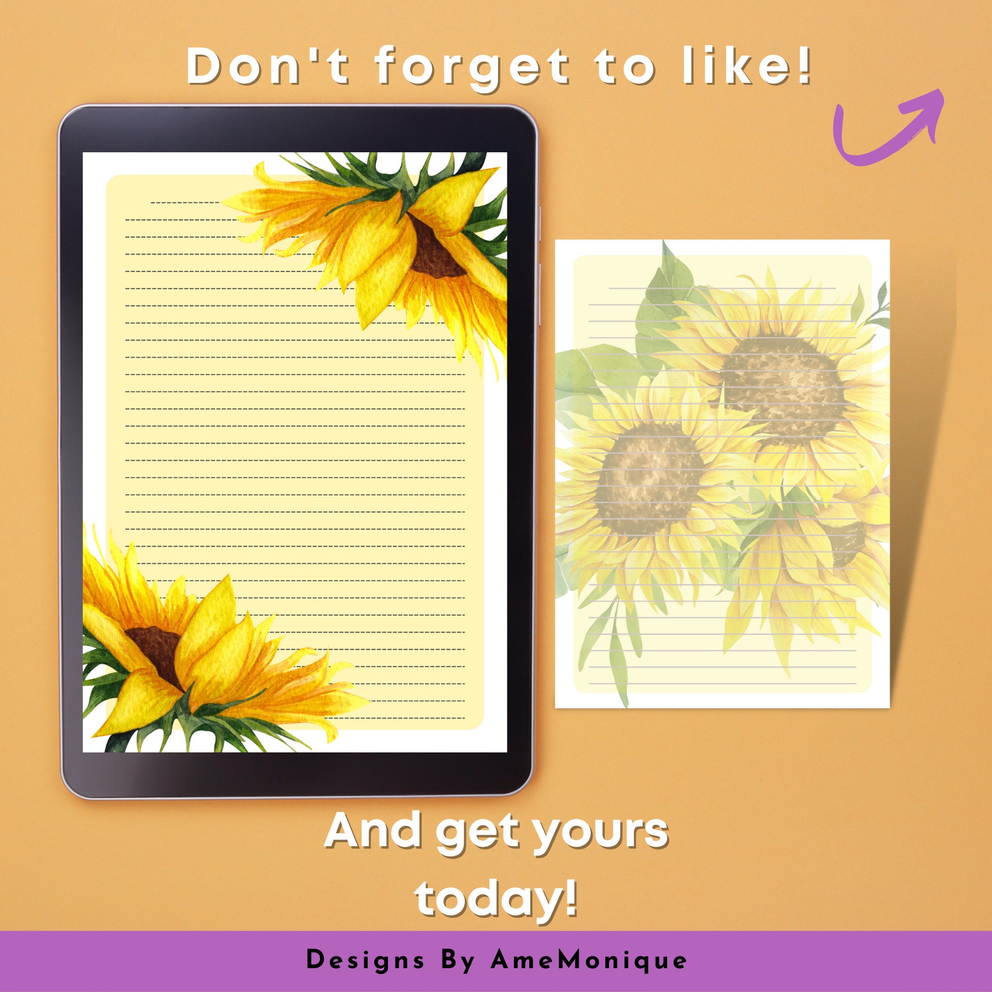 Sunflower Bursts Printable Stationery, Sunflower Stationary, A4 US ...