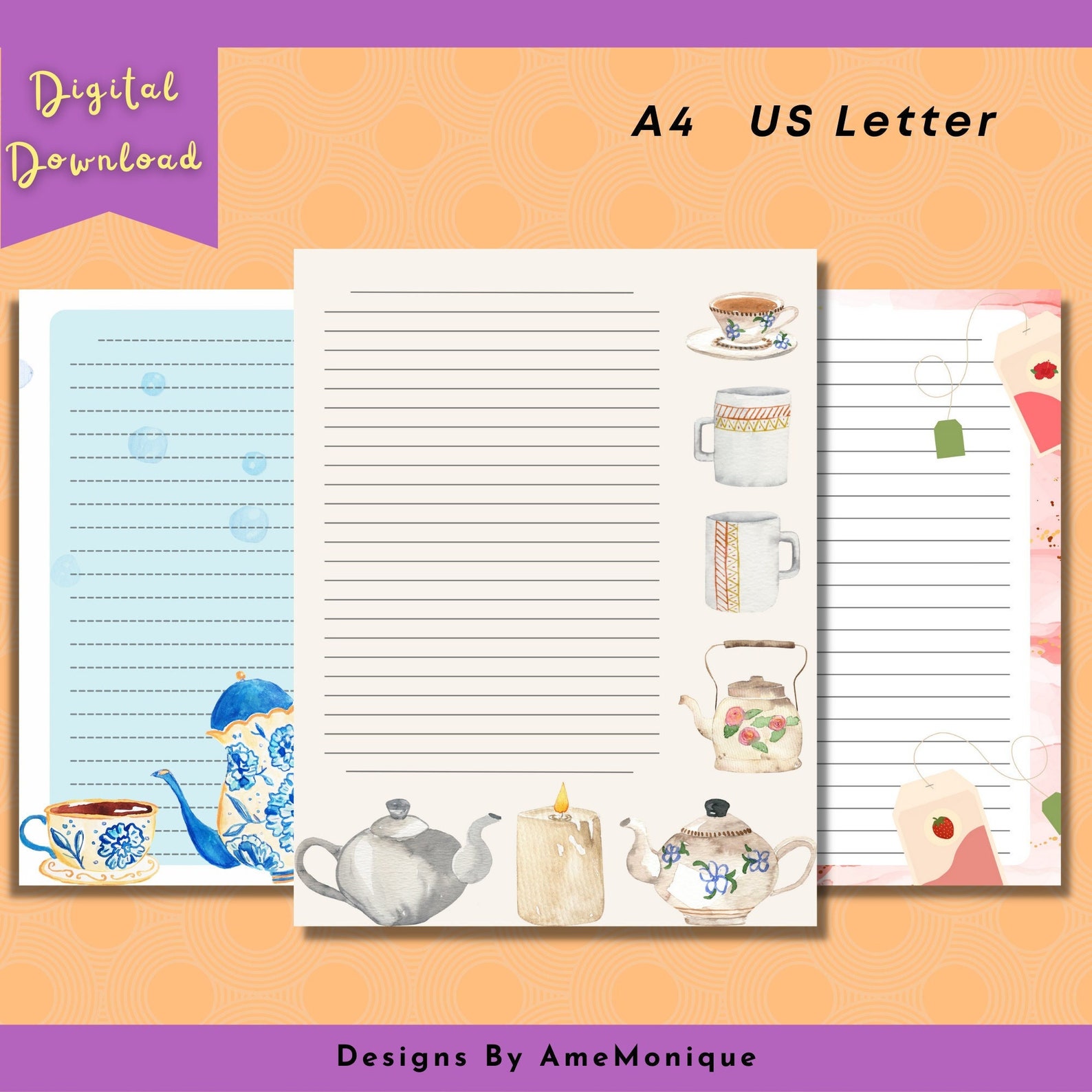 Spill the Tea Printable Stationery, Teatime, Watercolor Tea Cups, A4 US ...
